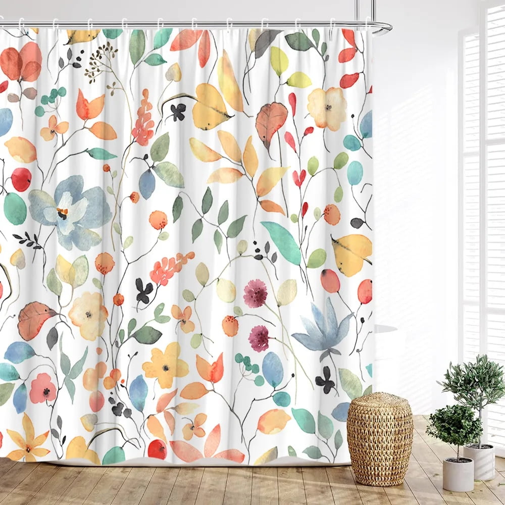 Spring Flower Shower Curtain Watercolor Wildflower Plant Green Leaf
