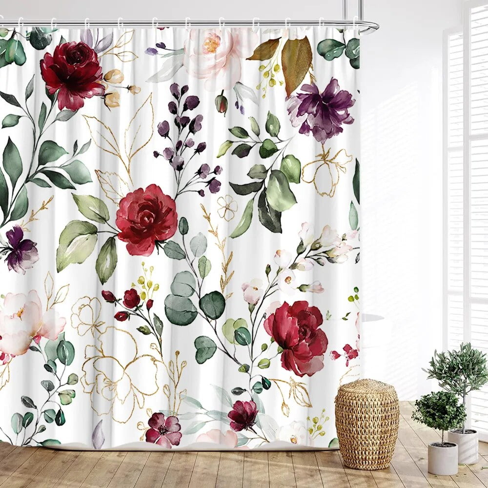 Spring Flower Shower Curtain Watercolor Wildflower Plant Green Leaf