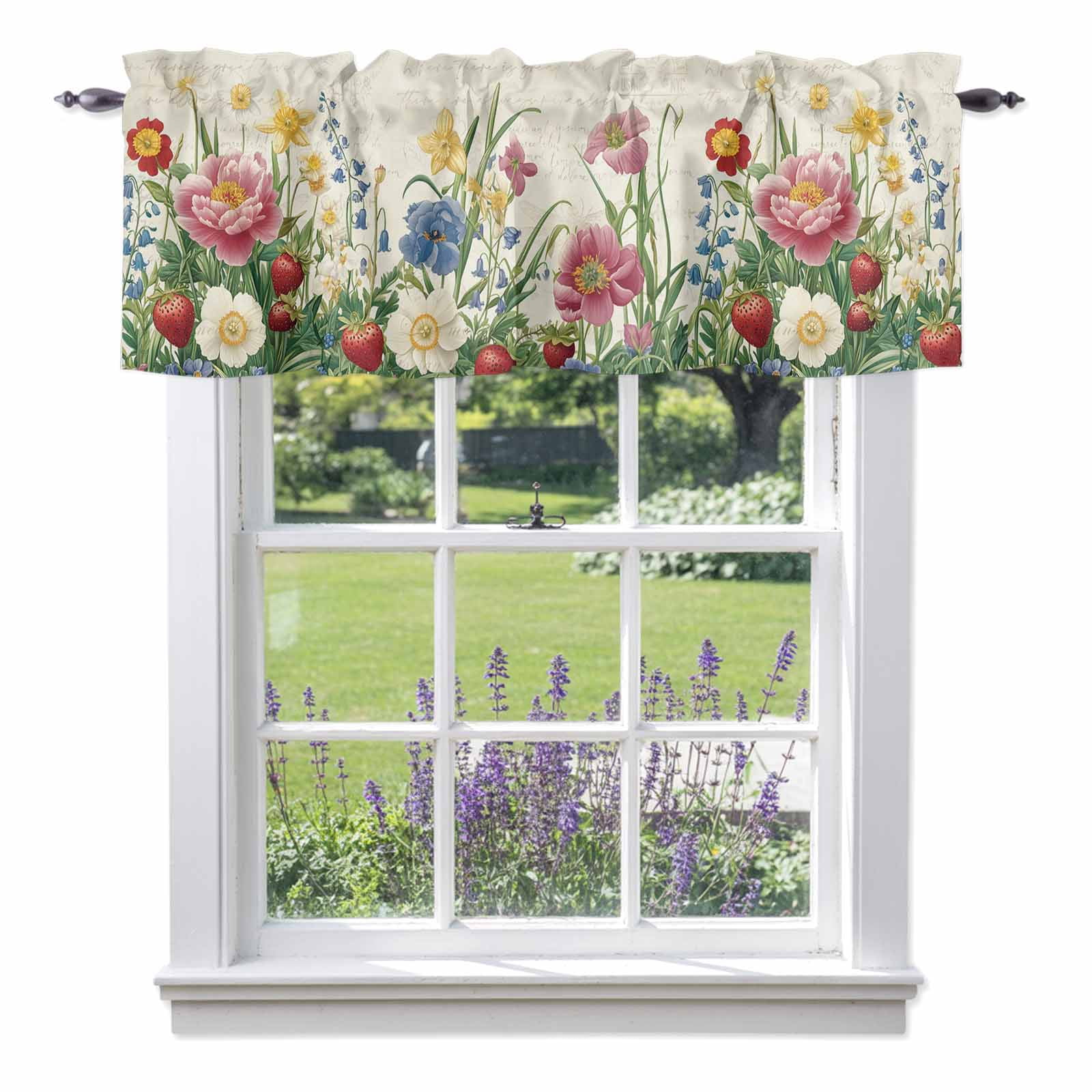 Spring Flower Strawberry Green Leaves Valances for Windows,Rod Pocket ...