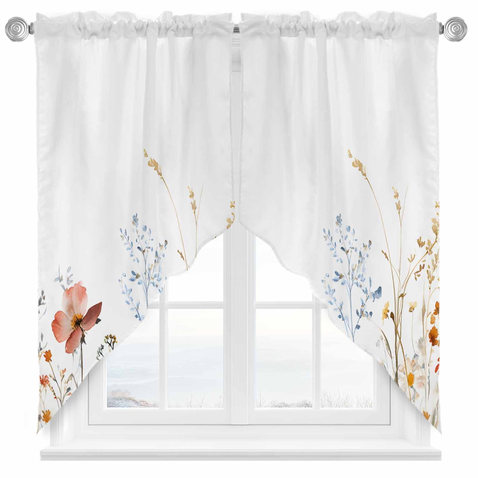 Spring Flower Swag Kitchen Curtain Valances, Watercolor Plant Leaf ...