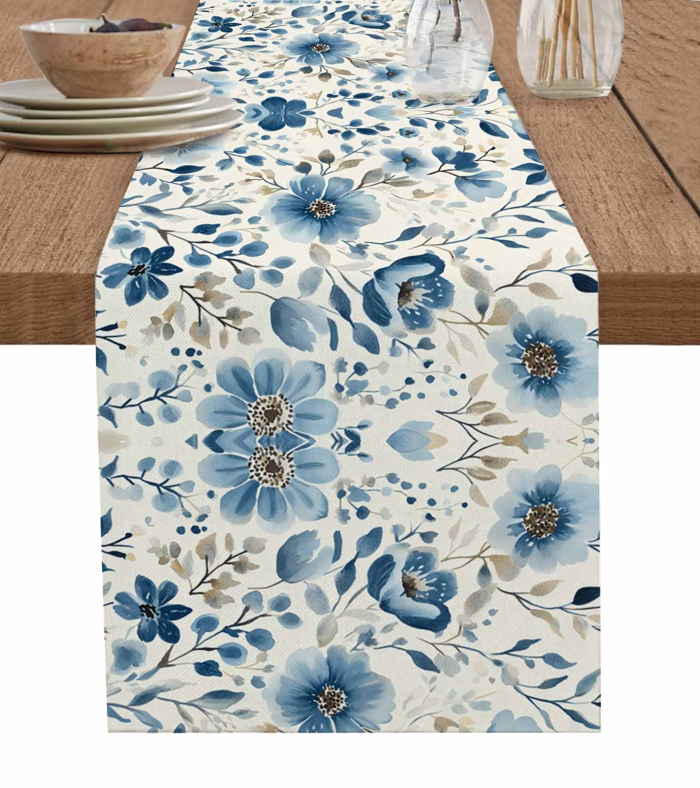 Spring Flower Table Runner 108 Inches, Blue Watercolor Plant Plant Leaf ...