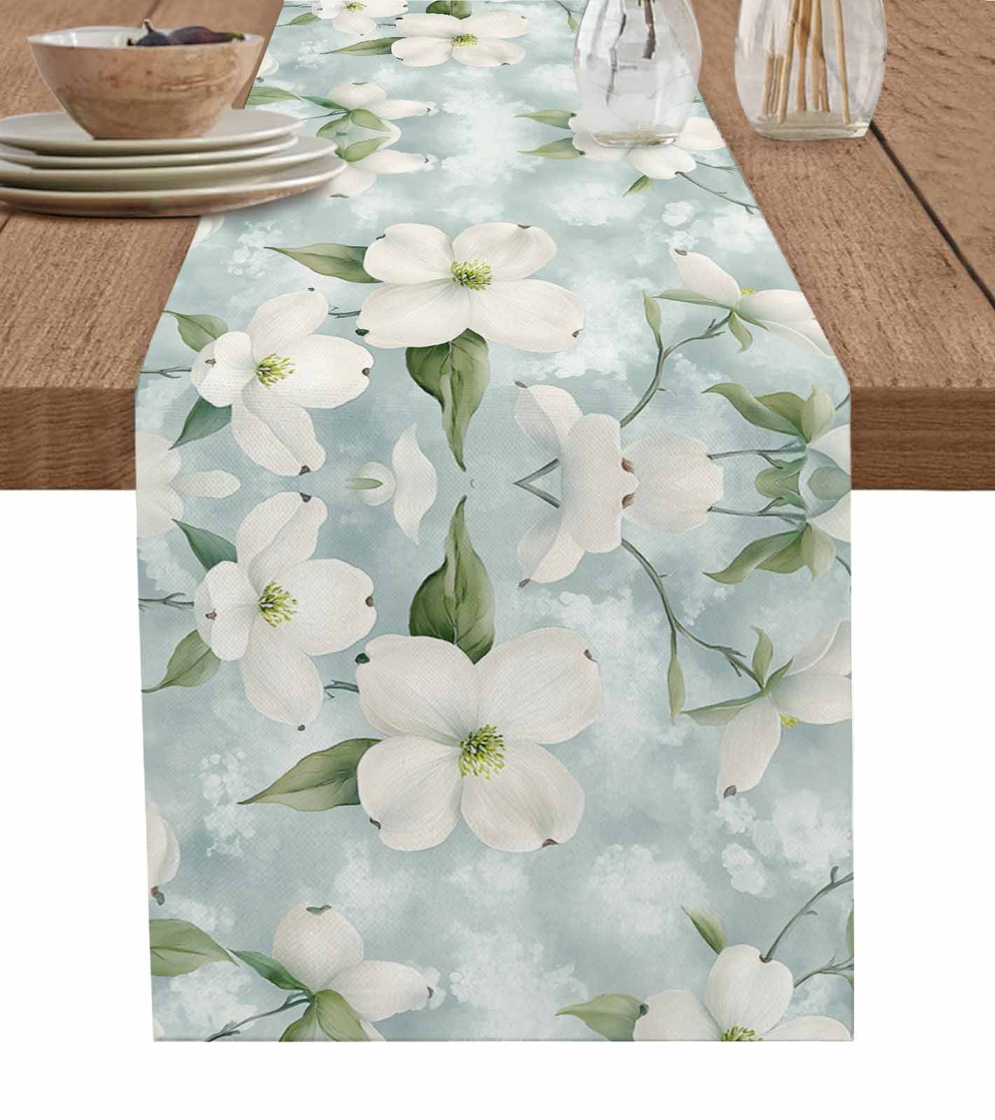 Spring Flower Table Runner 70 Inches, Watercolor Wildflowers White ...