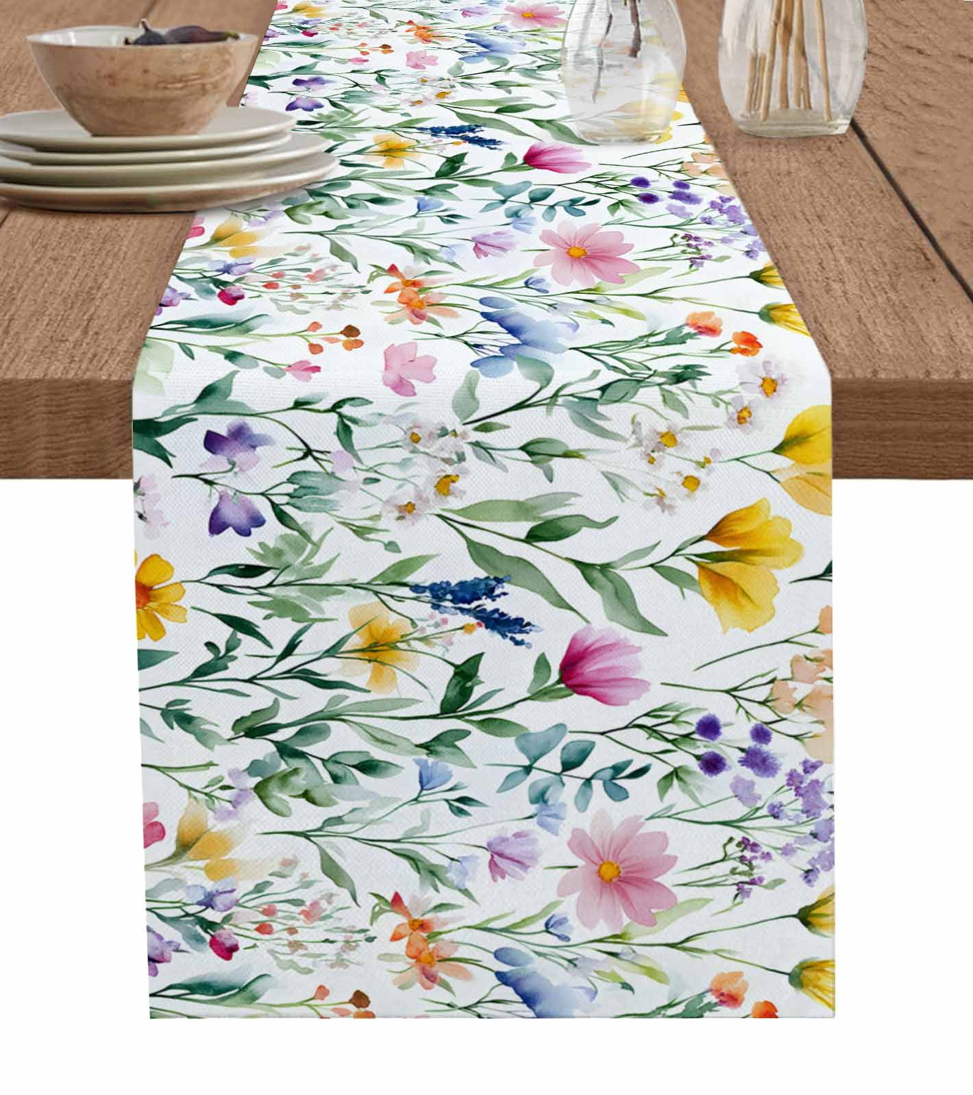 Spring Flower Table Runner 72 Inches, Boho Farmhouse Leaf Country Retro Plant Bed Runner Dresser ...