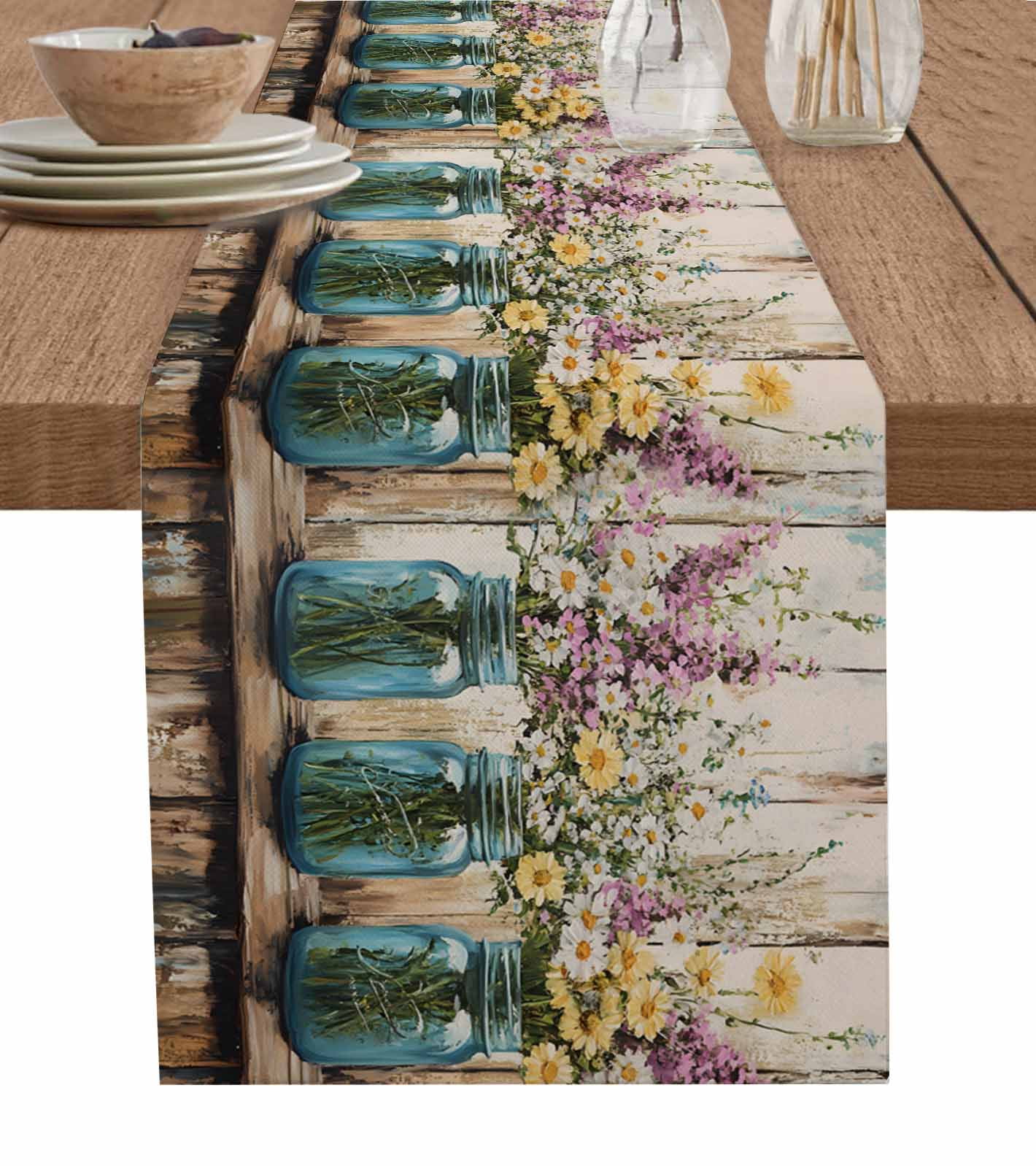 Spring Flower Table Runner 72 Inches, Farm Bottle Lavender Daisy Retro ...