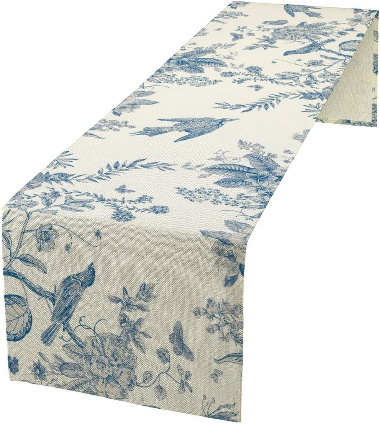 Spring Flower Table Runner, Farmhouse Vintage Blue White Floral Bird ...