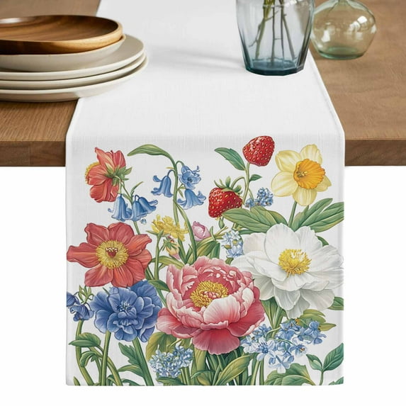 Spring Flower Table Runner, Watercolor Floral Summer Botanical Washable ...
