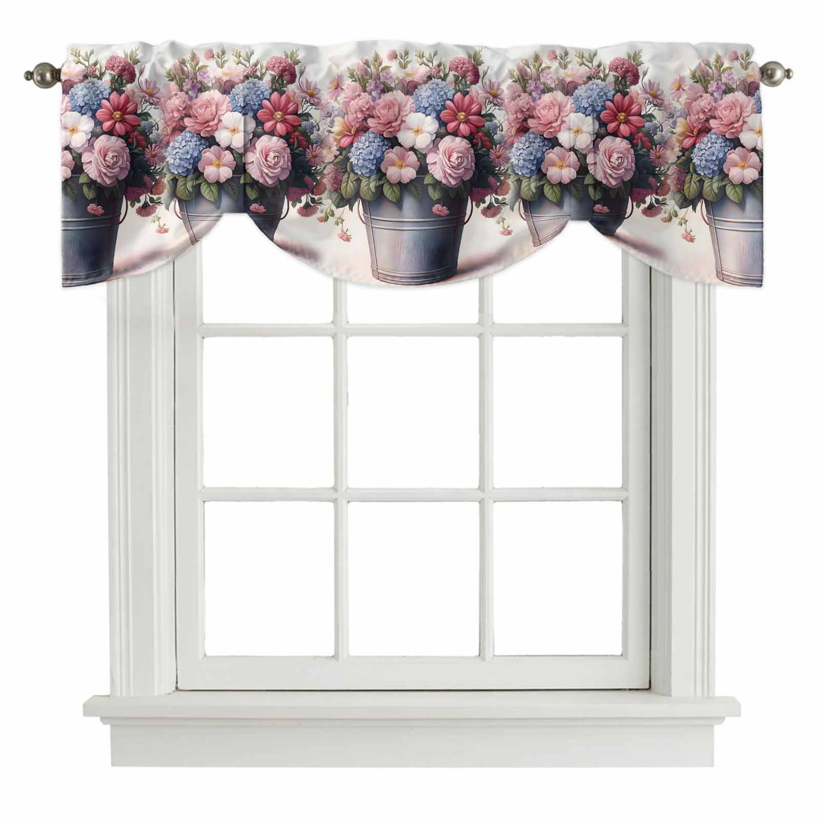 Spring Flower Tie Up Valance for Windows, Colorful Pink Flower Retro ...