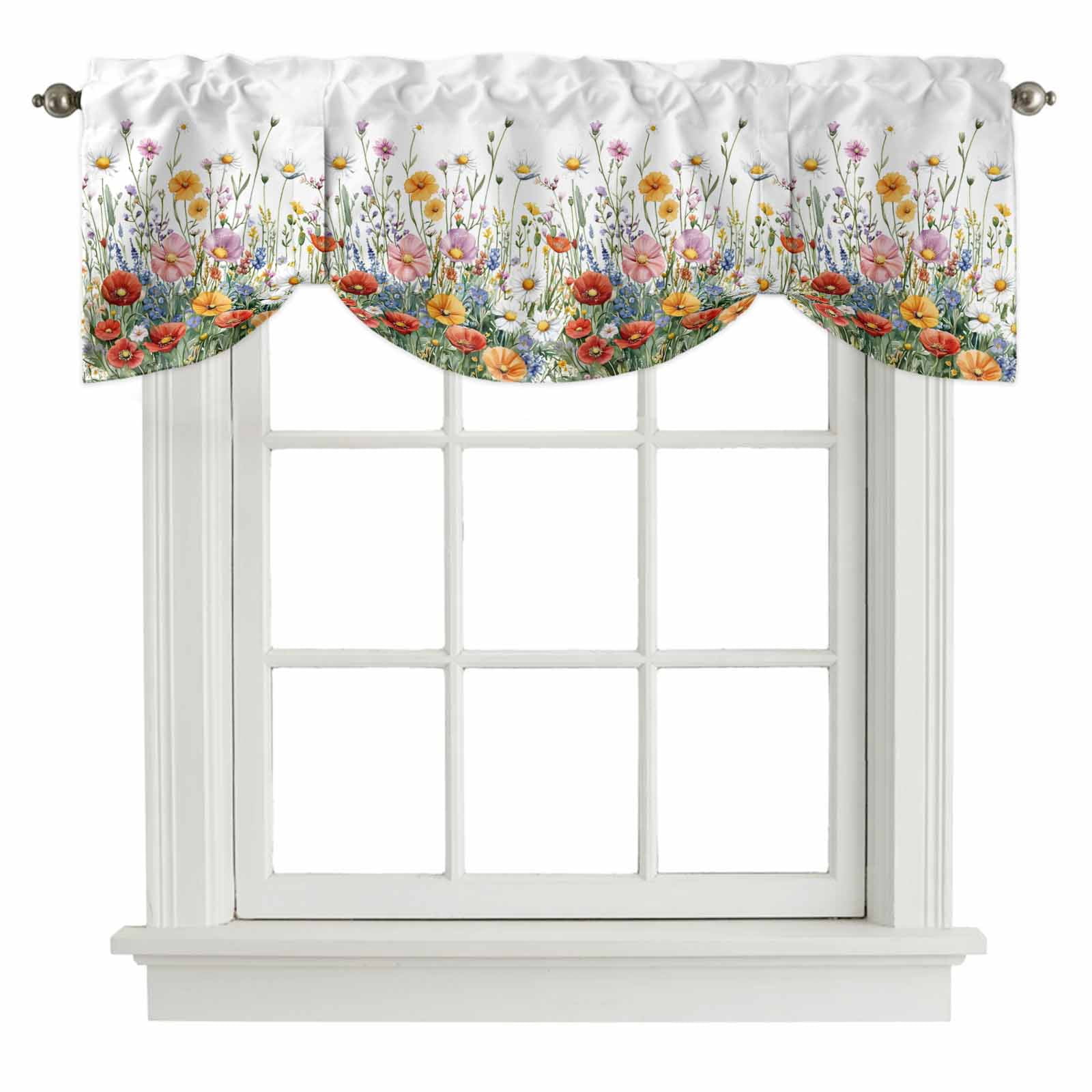 Spring Flower Tie Up Valance for Windows, Red Pink Orange Floral Leaves ...