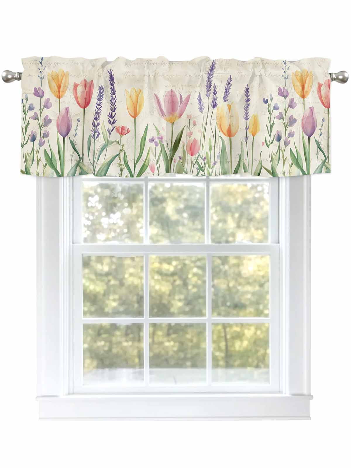 Spring Flower Tulip Plant Leaf Valances Curtain Kitchen Rod Pocket ...