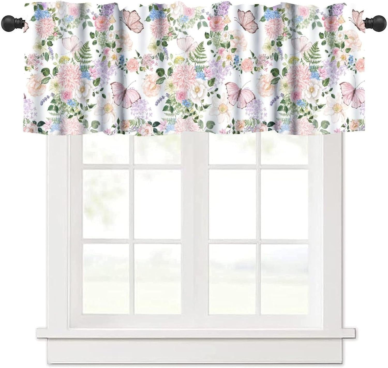 Spring Flower Valance Curtain, Butterfly Wildflowers Watercolor Floral ...