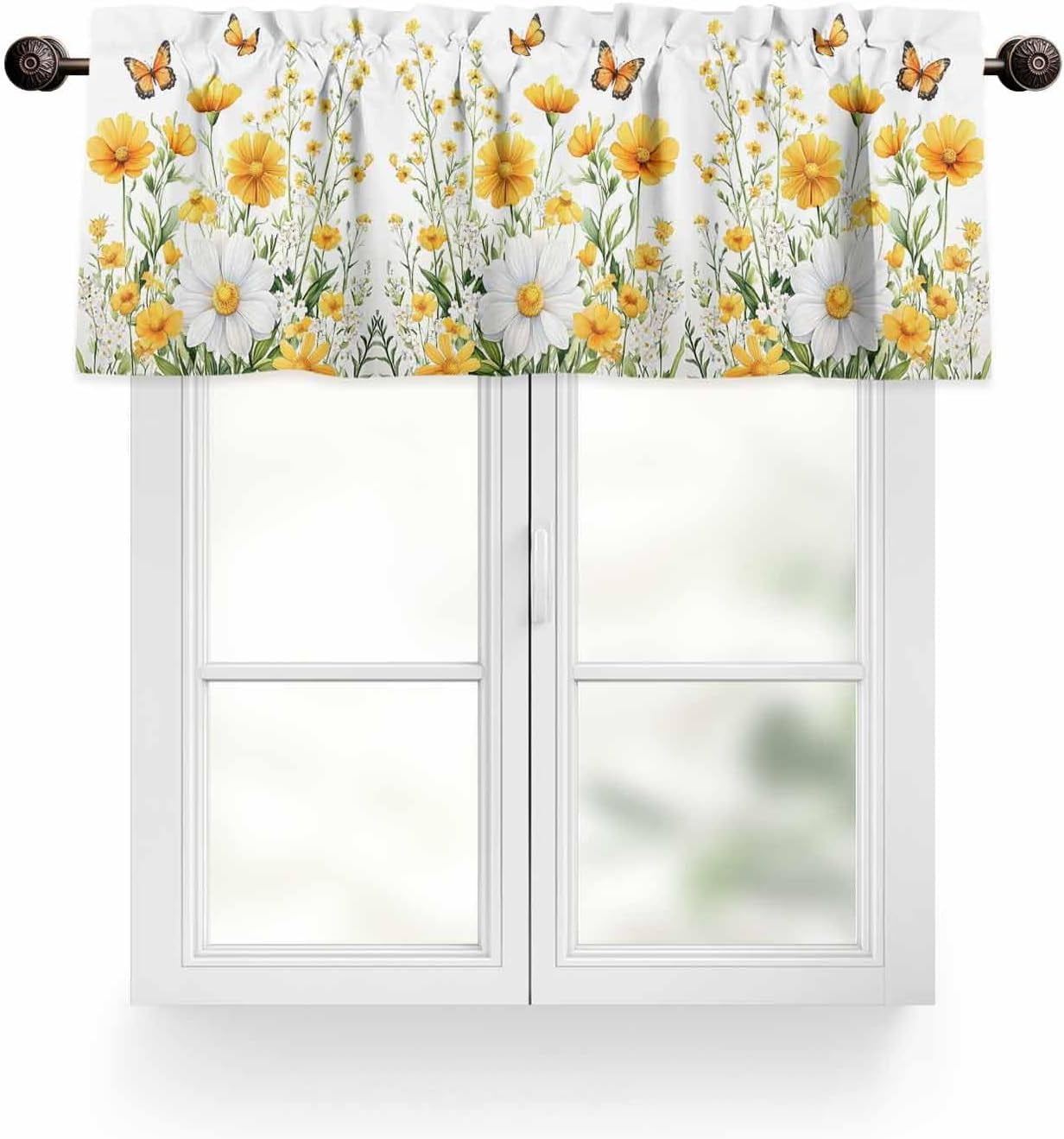 Spring Flower Valances for Windows Butterfly Daisy Kitchen Curtains ...