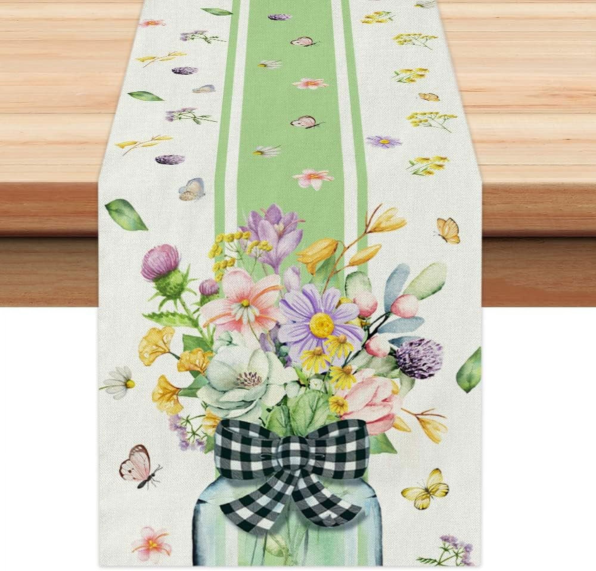Spring Flower Vase Linen Table Runner Rustic Holiday Kitchen Dining ...