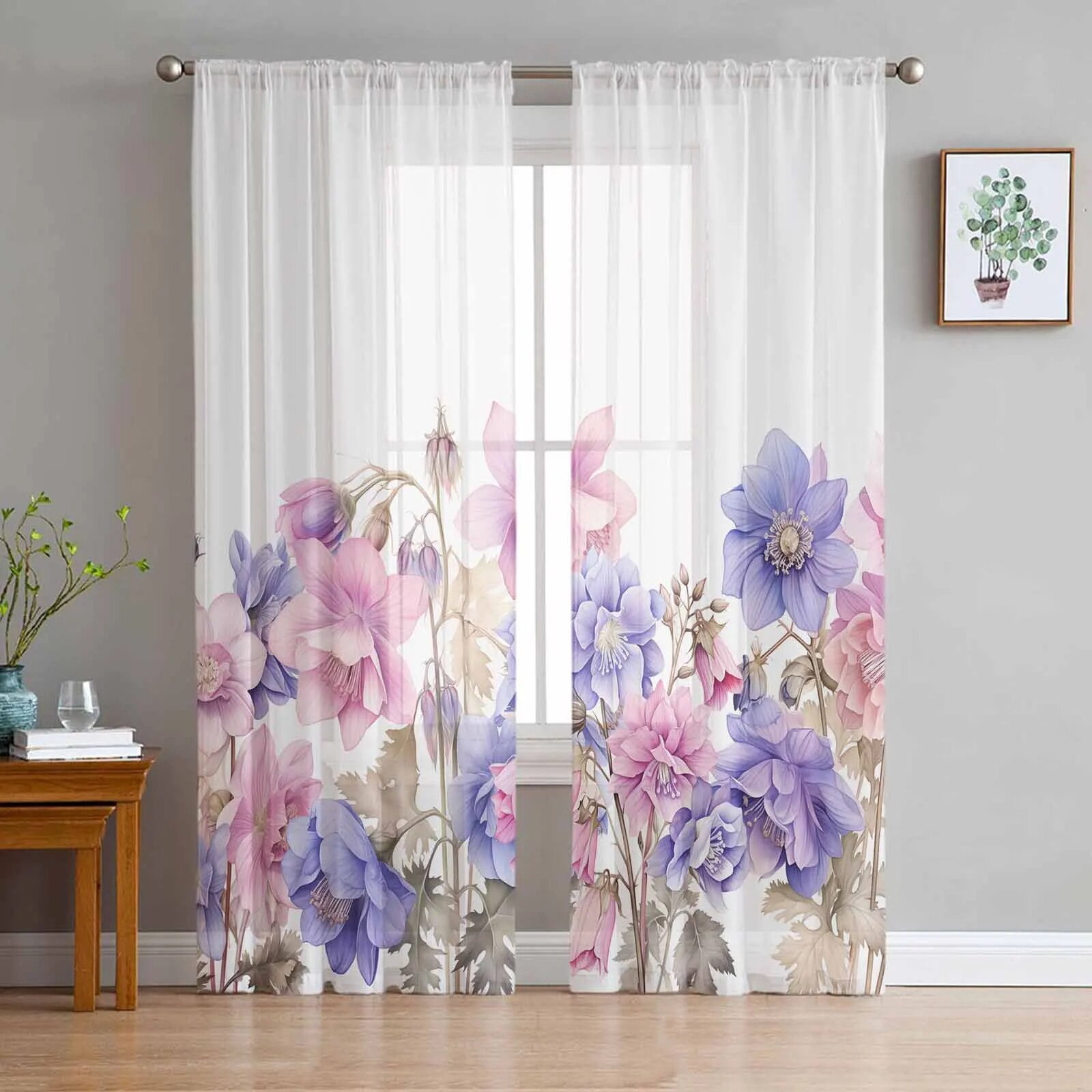 Spring Flower Watercolor Countryside Tulle Curtains for Living Room ...