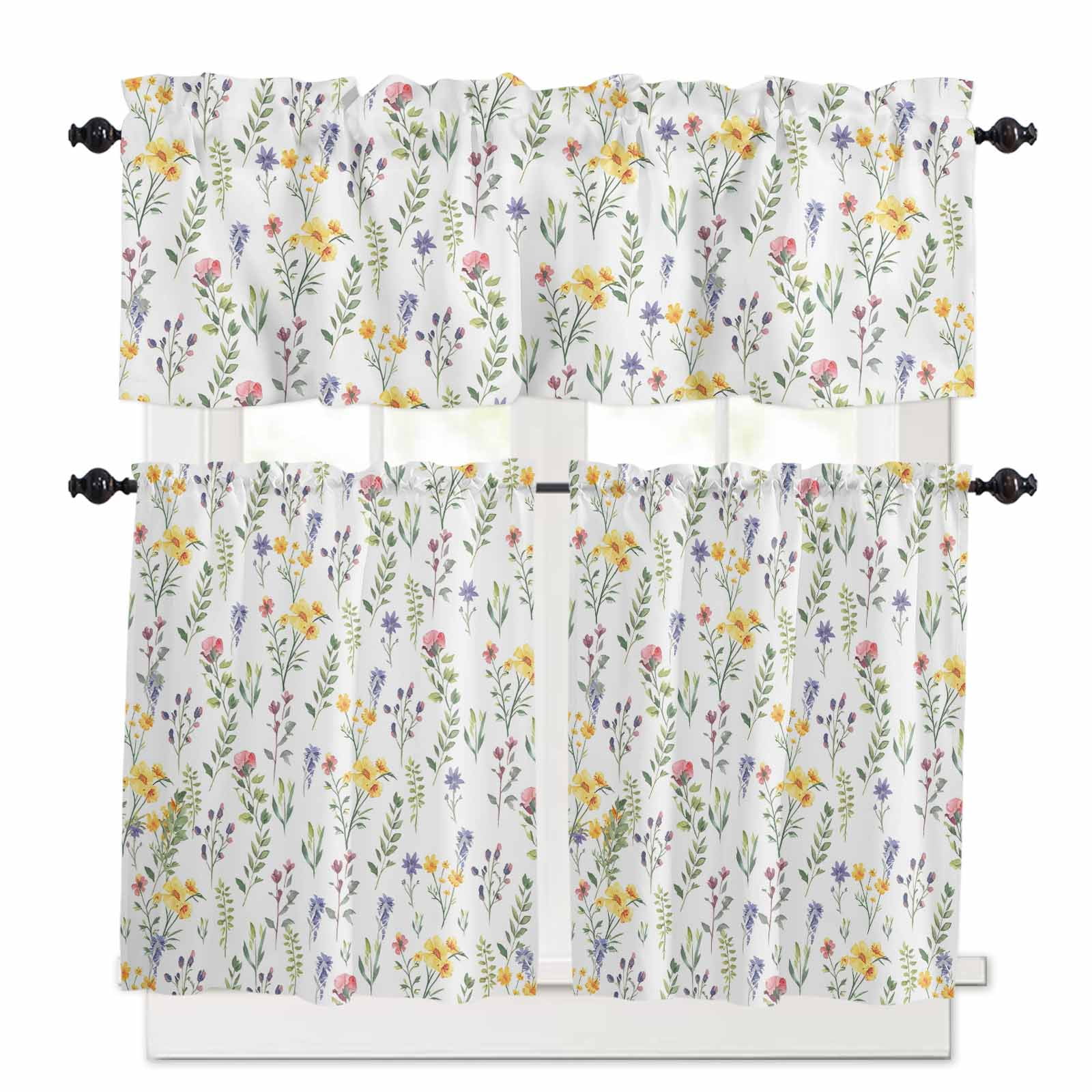 Spring Flower Window Curtains Valance Set of 3 Yellow Pink Purple ...
