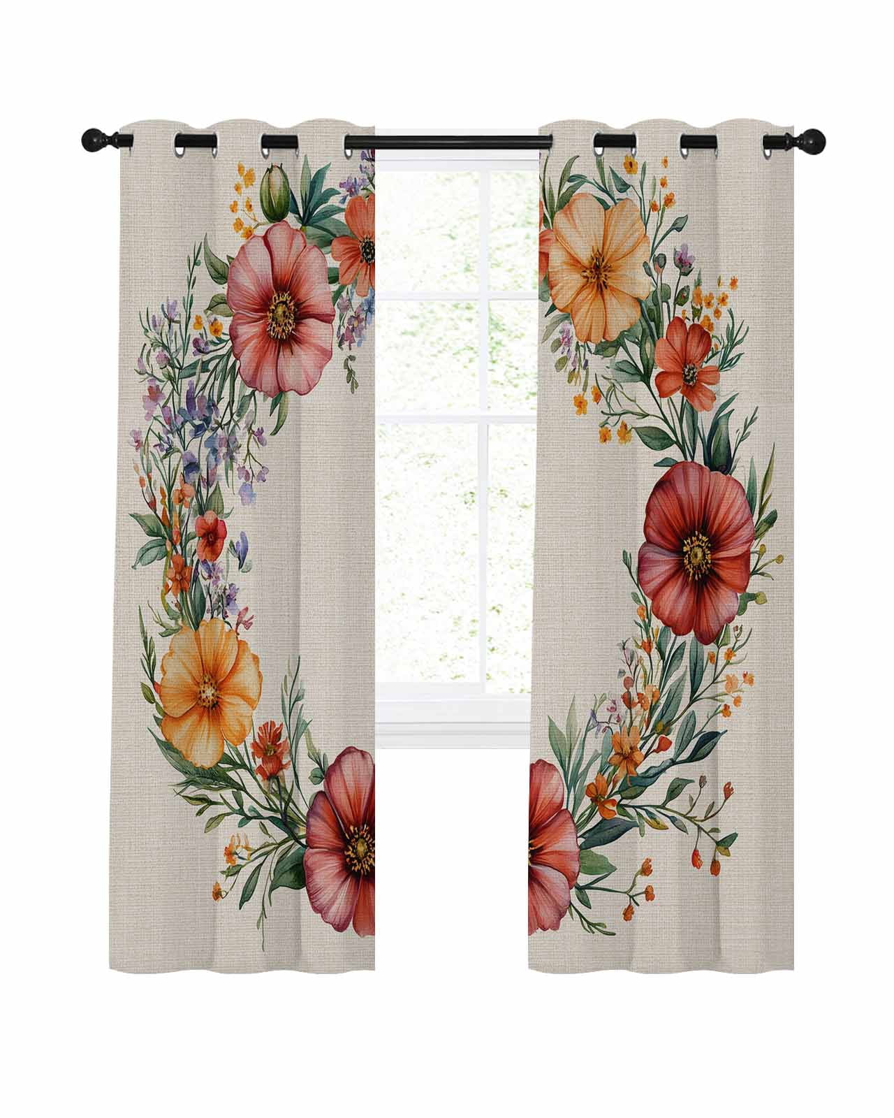 Spring Flower Wreath Blackout Curtains 63 Inch Length Country ...