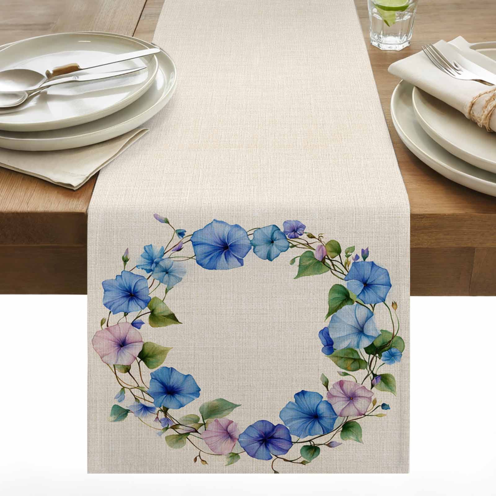 Spring Flower Wreath Cotton Linen Table Runner Country Watercolor Blue ...