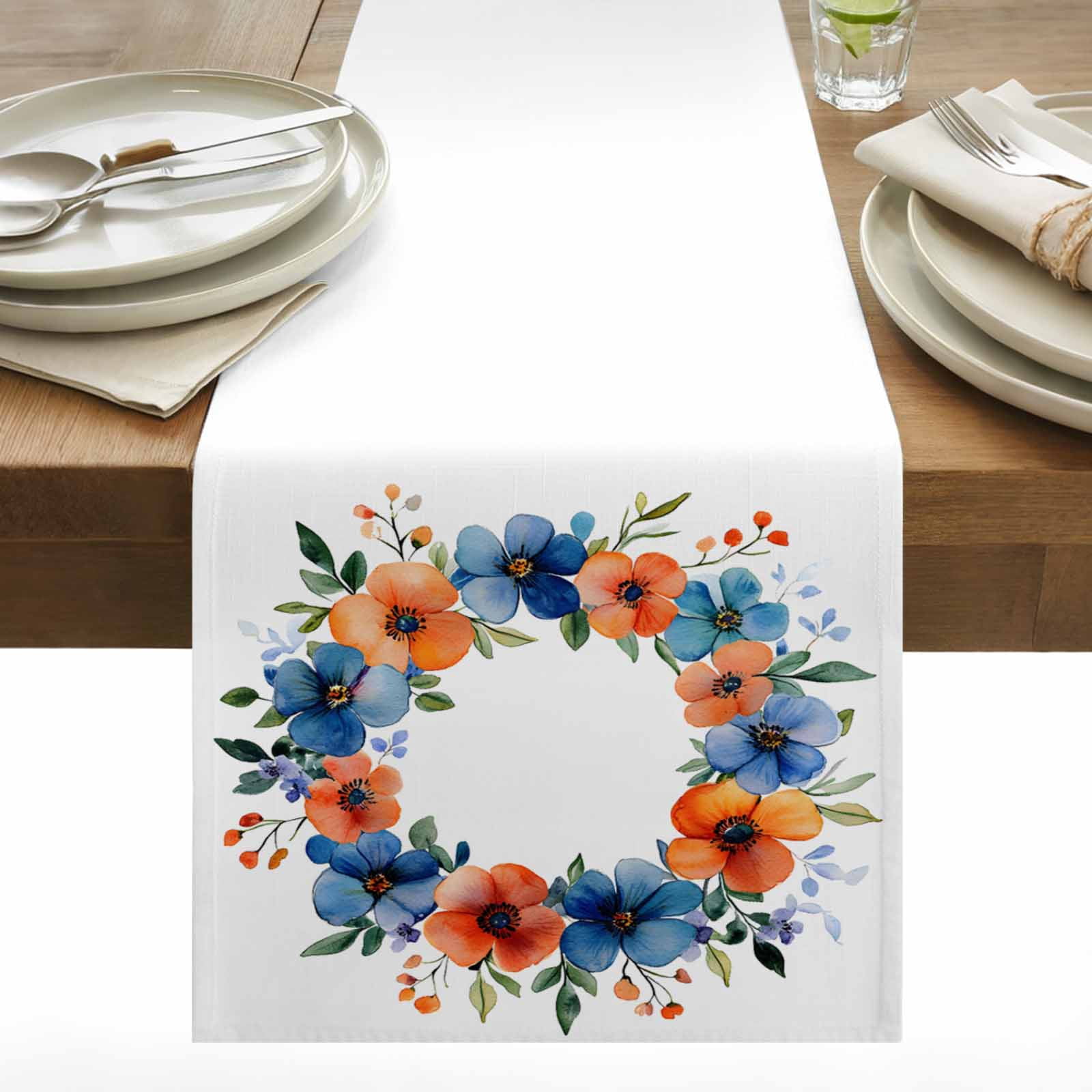 Spring Flower Wreath Cotton Linen Table Runner Country Watercolor ...