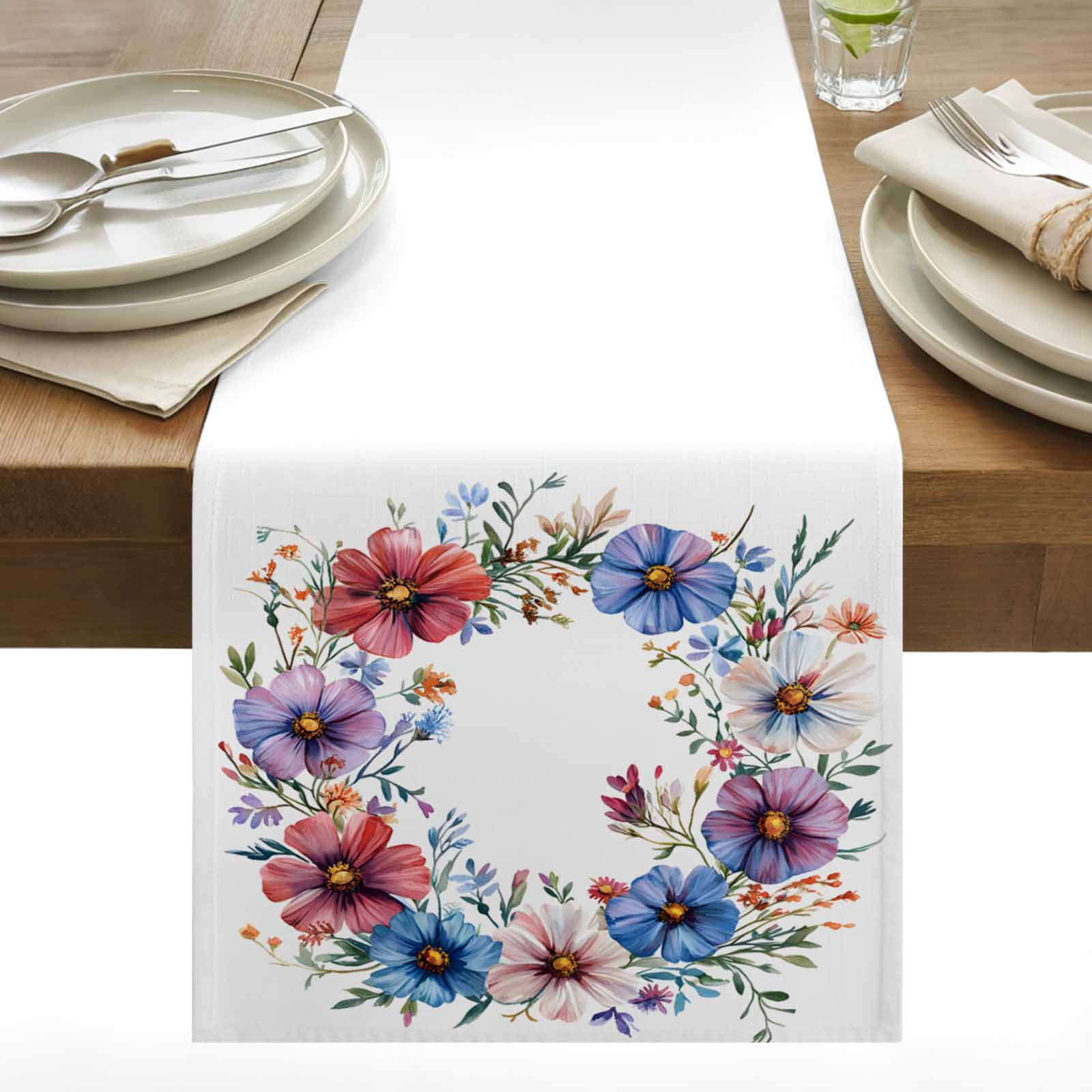 Spring Flower Wreath Cotton Linen Table Runner Country Watercolor ...