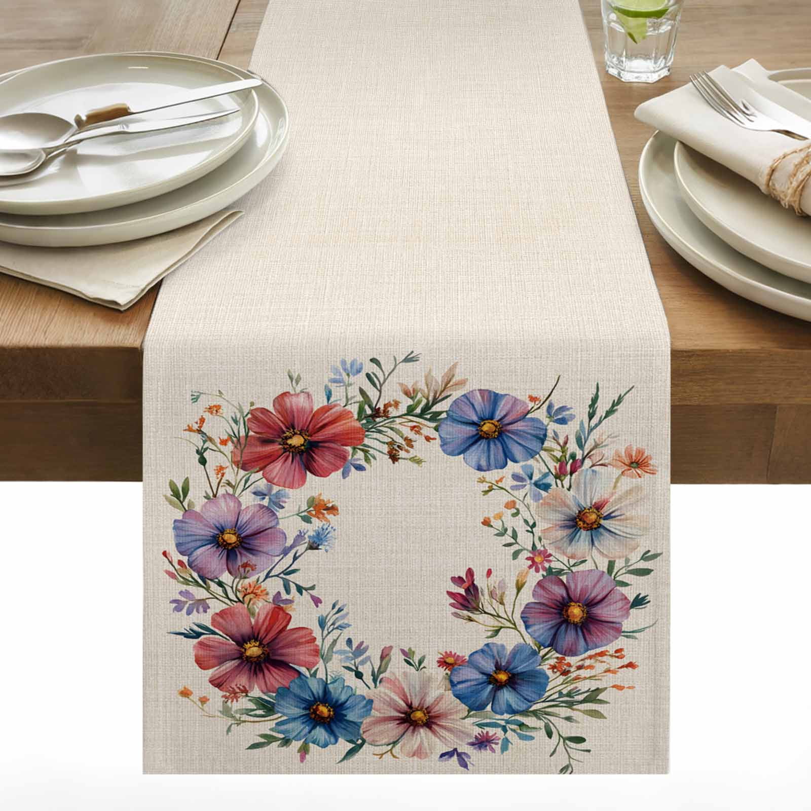 Spring Flower Wreath Cotton Linen Table Runner Country Watercolor ...