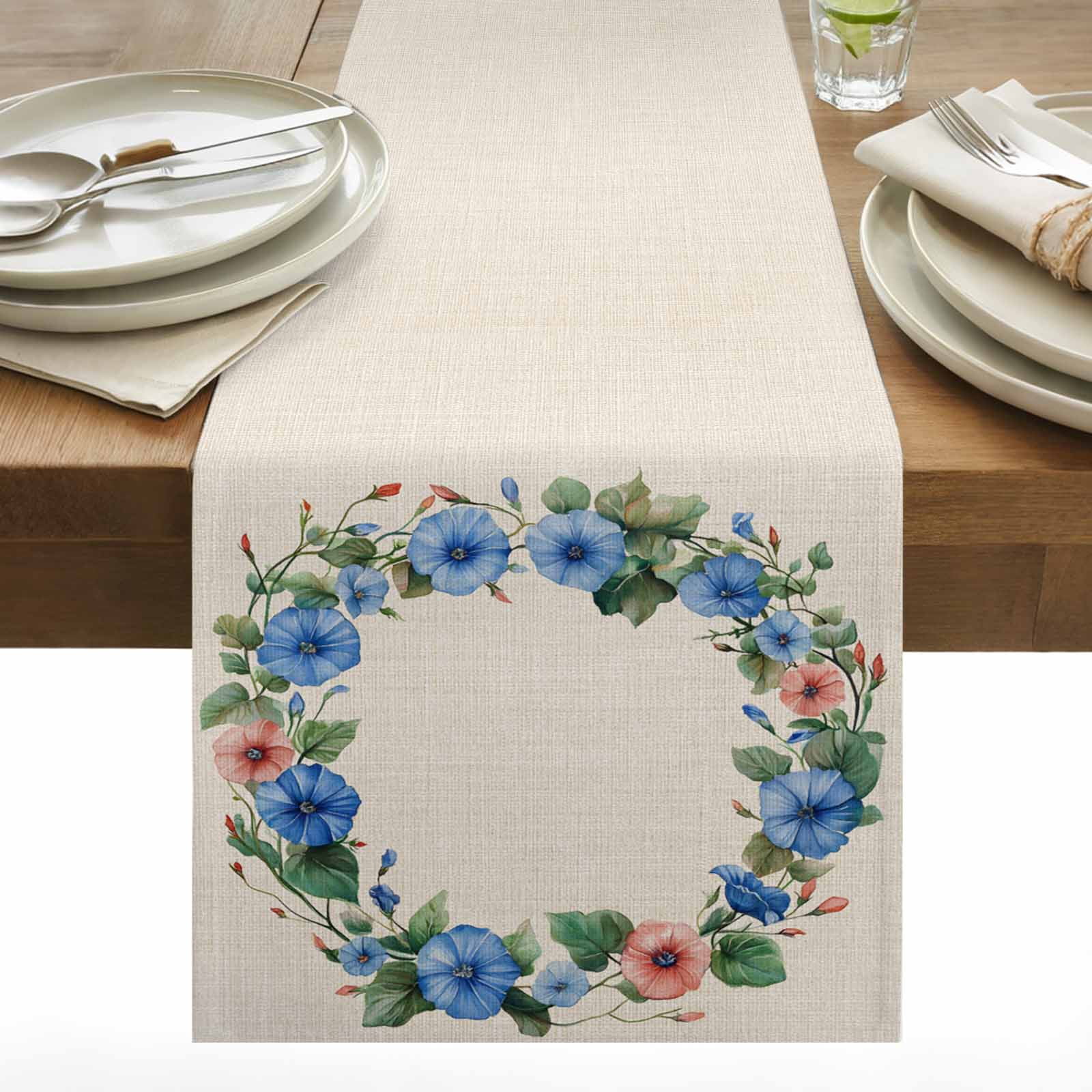 Spring Flower Wreath Cotton Linen Table Runner Country Watercolor Red ...