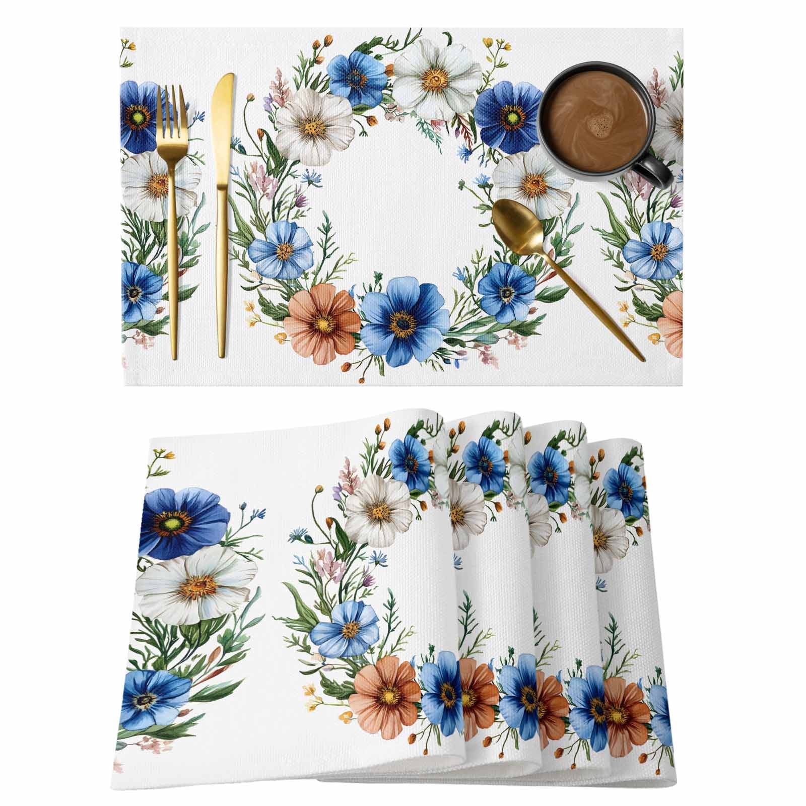 Spring Flower Wreath Placemats Set of 4, Country Watercolor Blue White ...