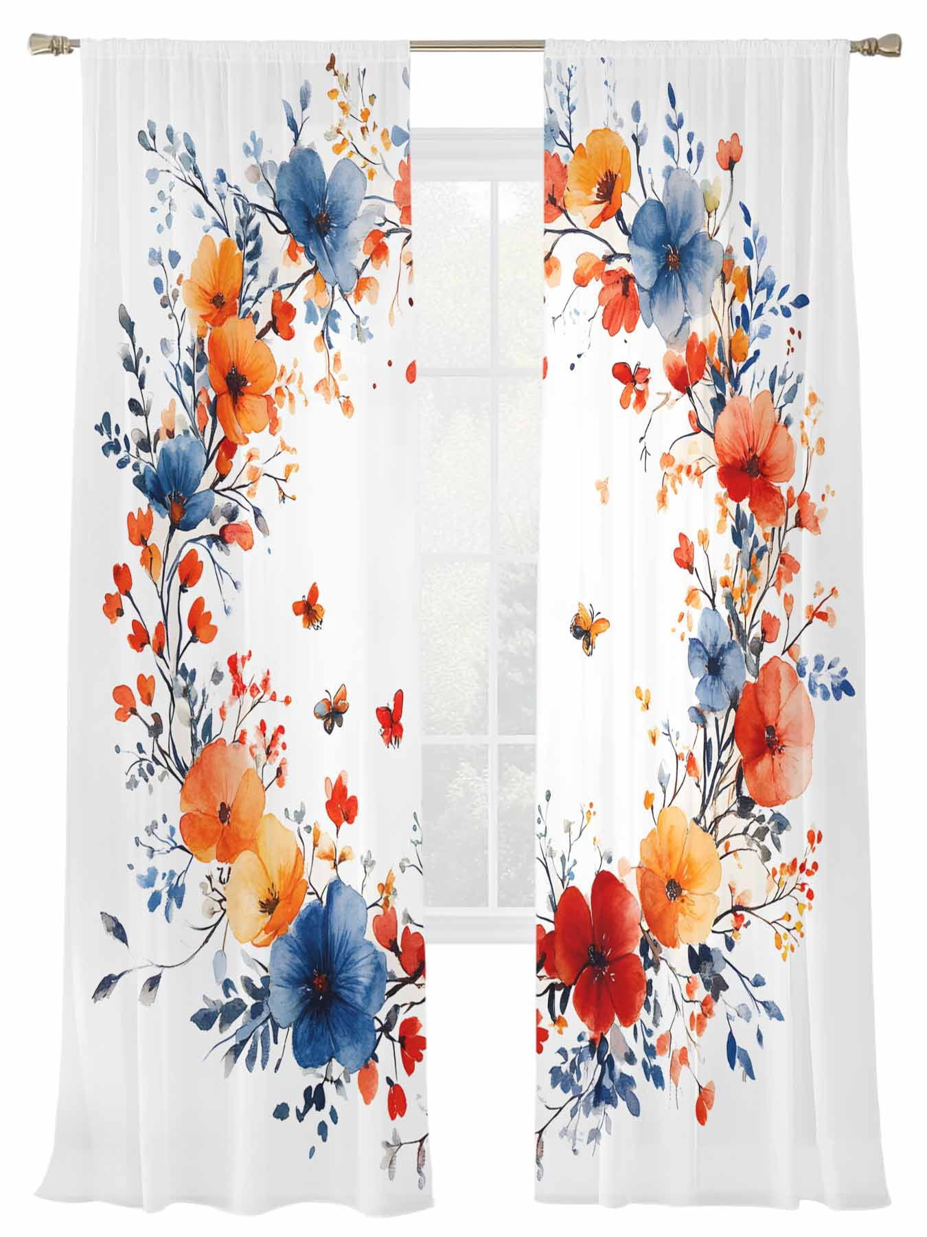 Spring Flower Wreath Sheer Curtains 2 Panels Set Country Watercolor ...