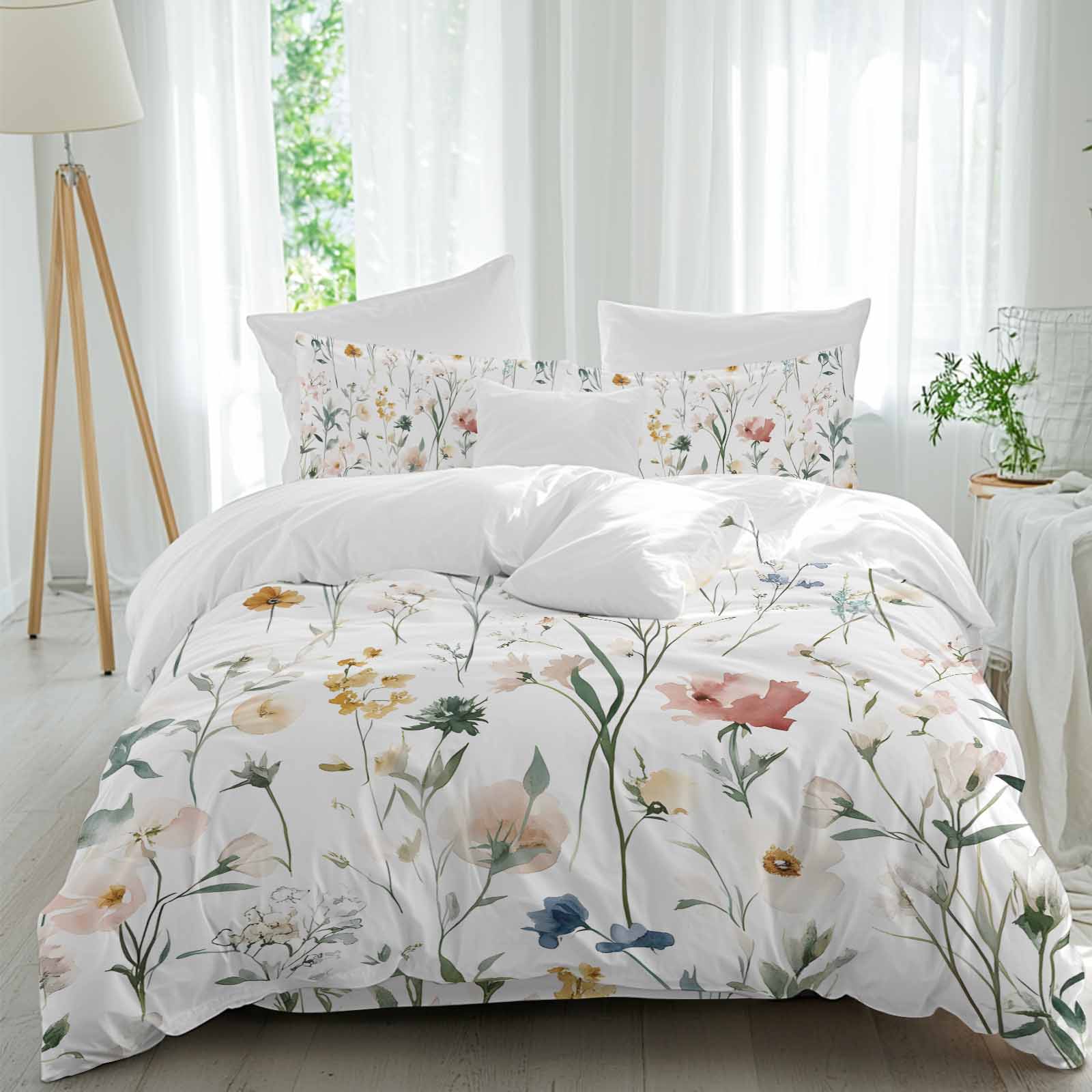 Spring Flowers 4 Piece Duvet Cover Set Queen Size Watercolor Colored ...