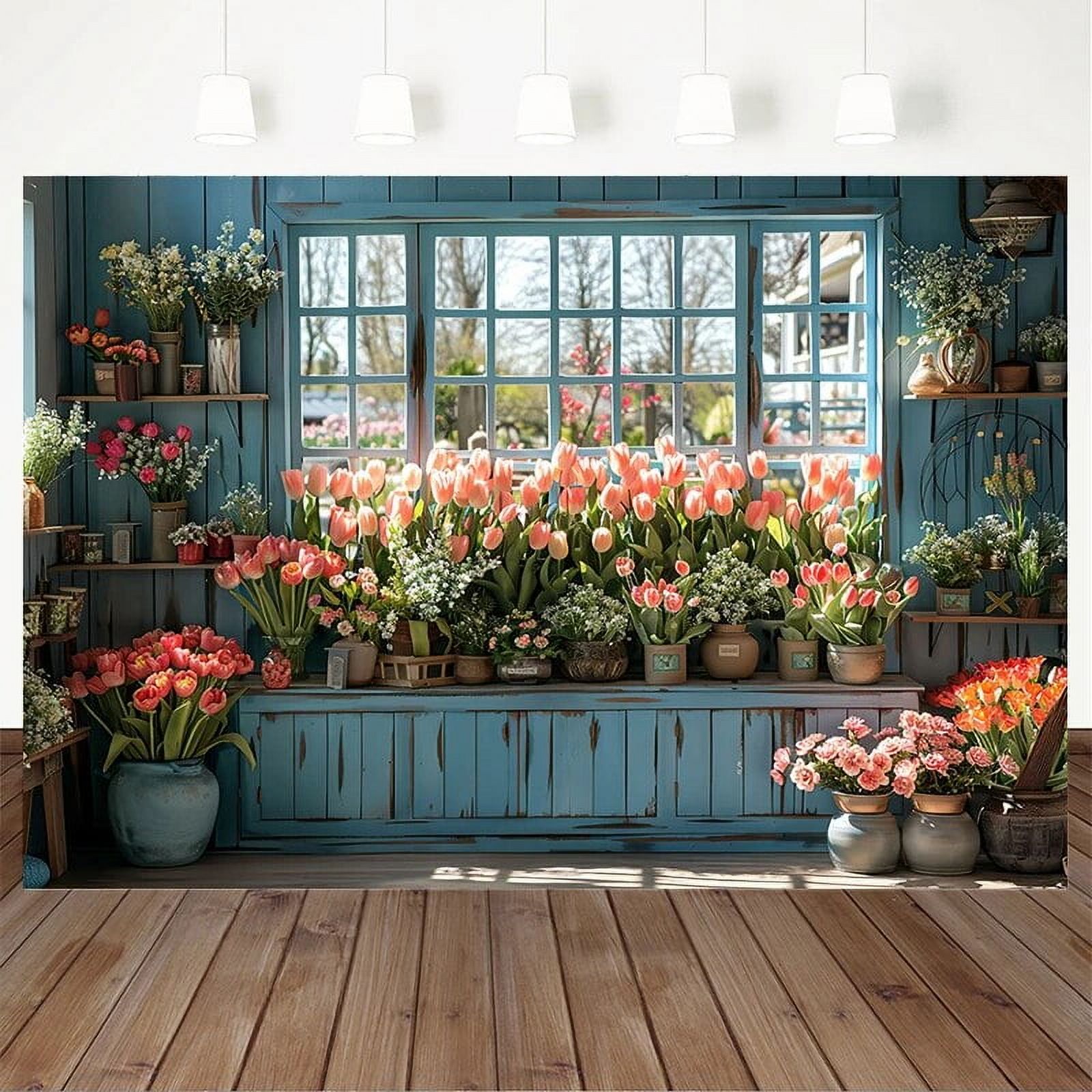 Spring Flowers Background For Photography Blue Wooden House Window ...