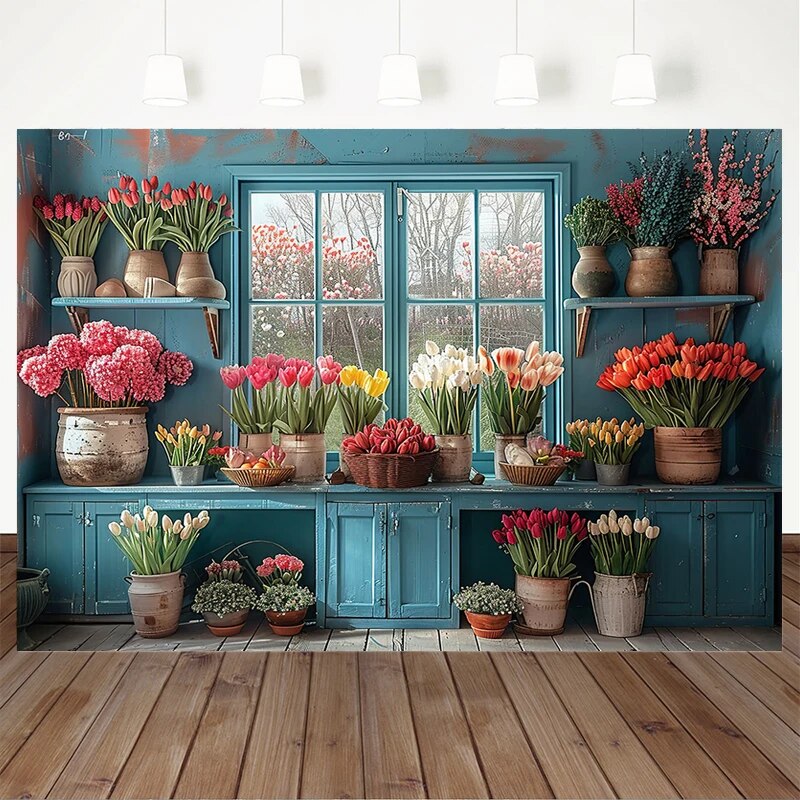 Spring Flowers Background For Photography Blue Wooden House Window ...