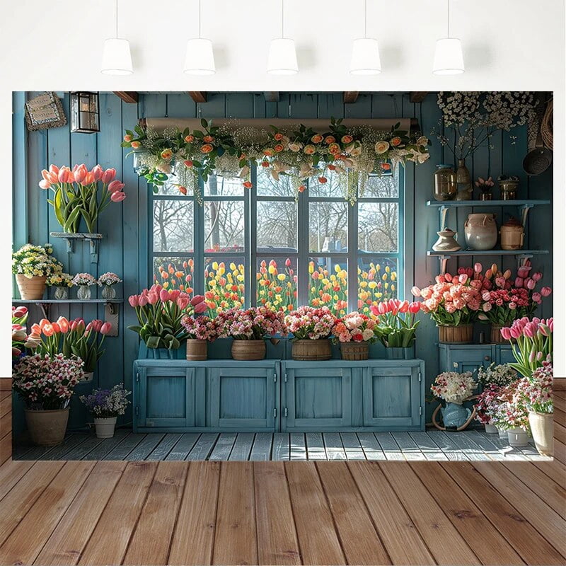 Spring Flowers Background For Photography Blue Wooden House Window ...