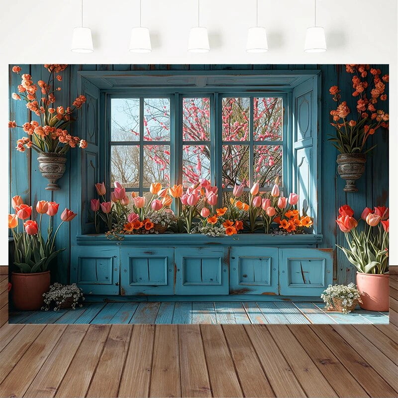 Spring Flowers Background For Photography Blue Wooden House Window ...