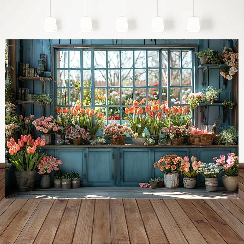 Spring Flowers Background For Photography Blue Wooden House Window ...