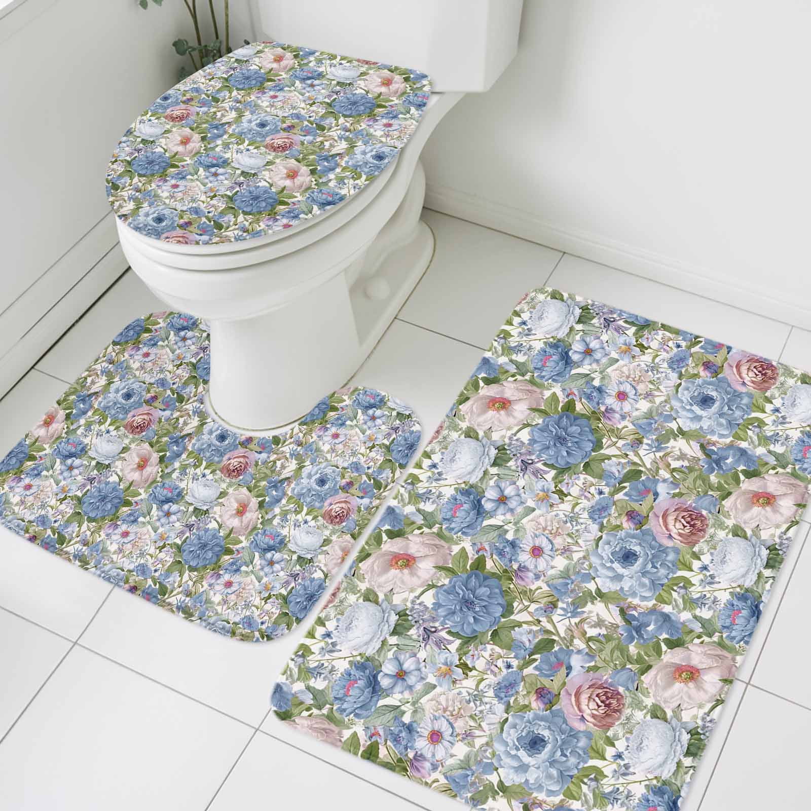 Spring Flowers Bathroom Rugs Set Watercolor Country Blue Pink White ...