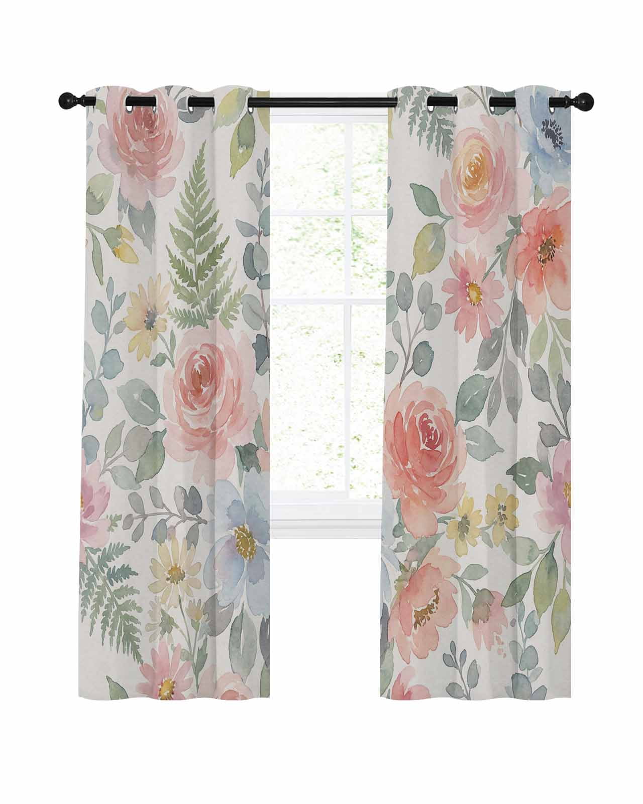 Spring Flowers Blackout Curtains 84 Inch Length Watercolors Pink Blue ...