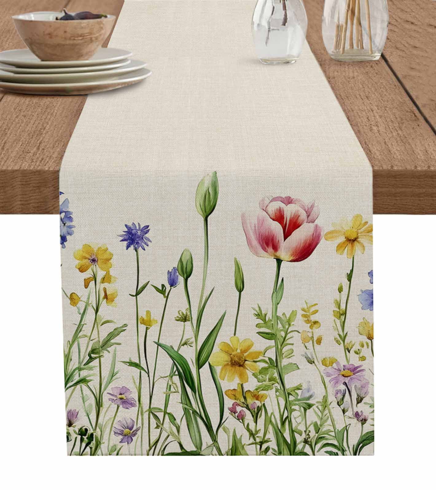 Spring Flowers Burlap Cotton Table Runner 13x36 Inches Short, Simple ...