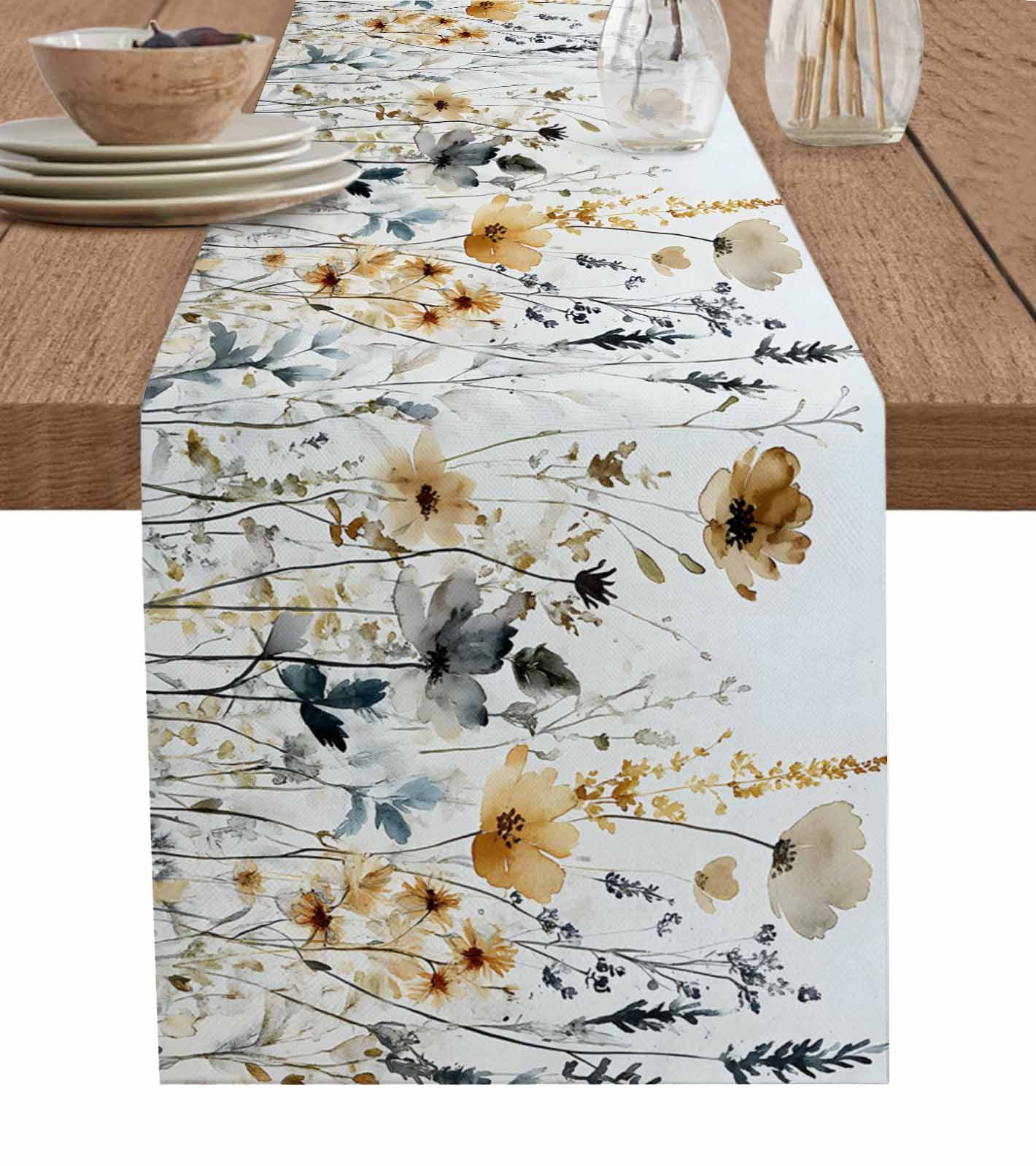 Spring Flowers Burlap Cotton Table Runner 13x48 Inches Long, Watercolor ...