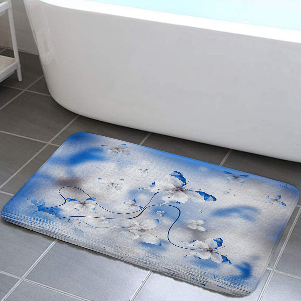 Spring Flowers Butterfly Blue Bath Rugs for Bathroom, Country Nature ...