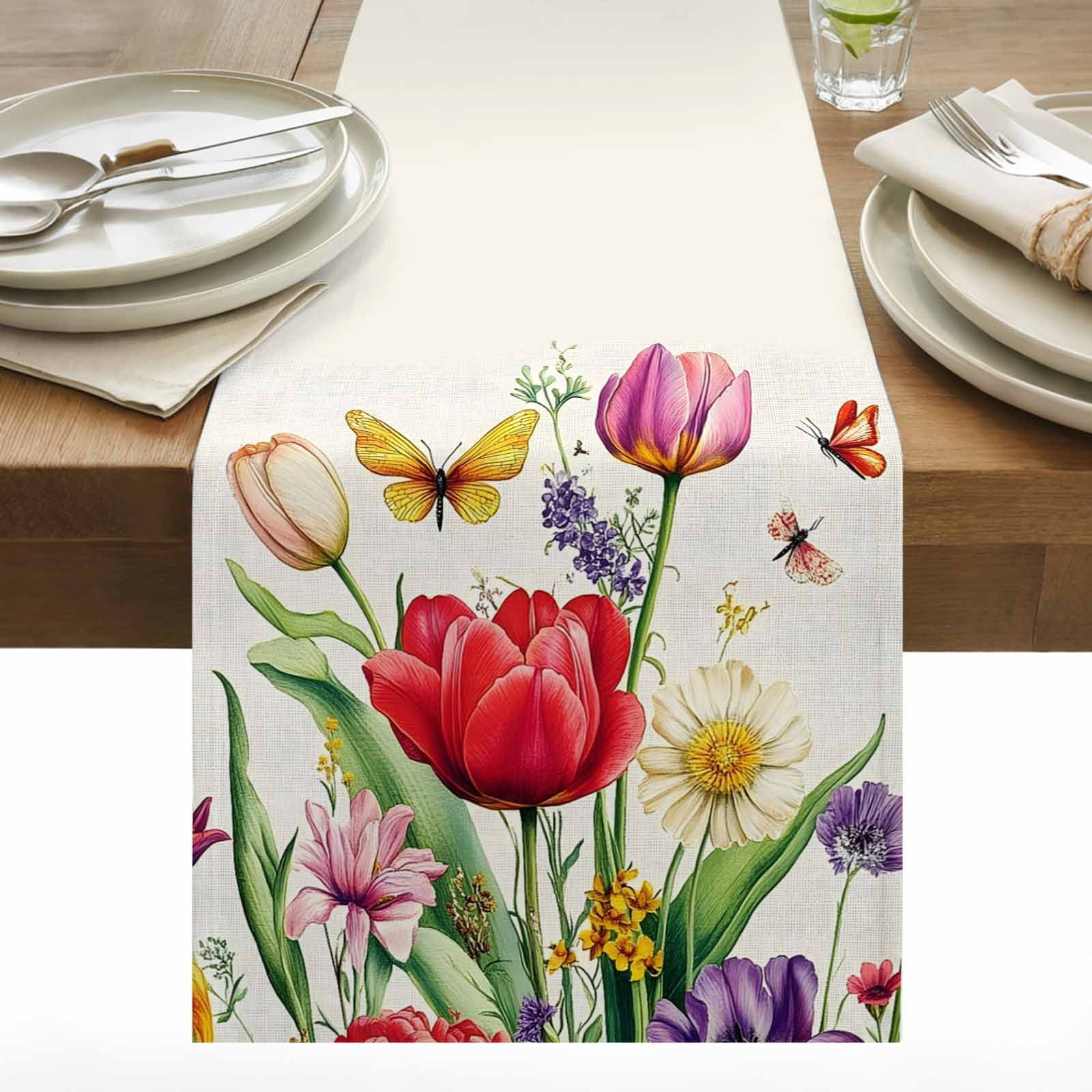 Spring Flowers Butterfly Cotton Linen Table Runner Plant Floral Dining ...