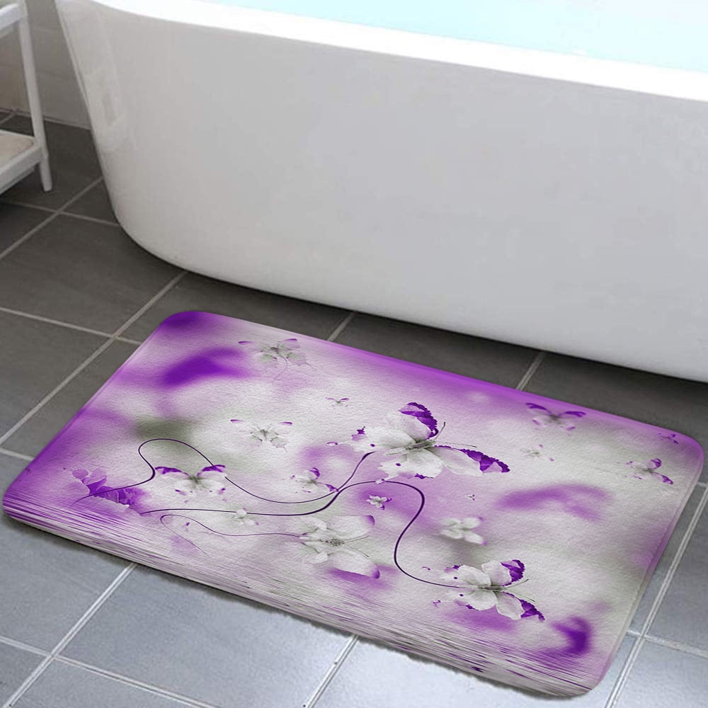 Spring Flowers Butterfly Purple Bath Rugs for Bathroom, Country Nature ...
