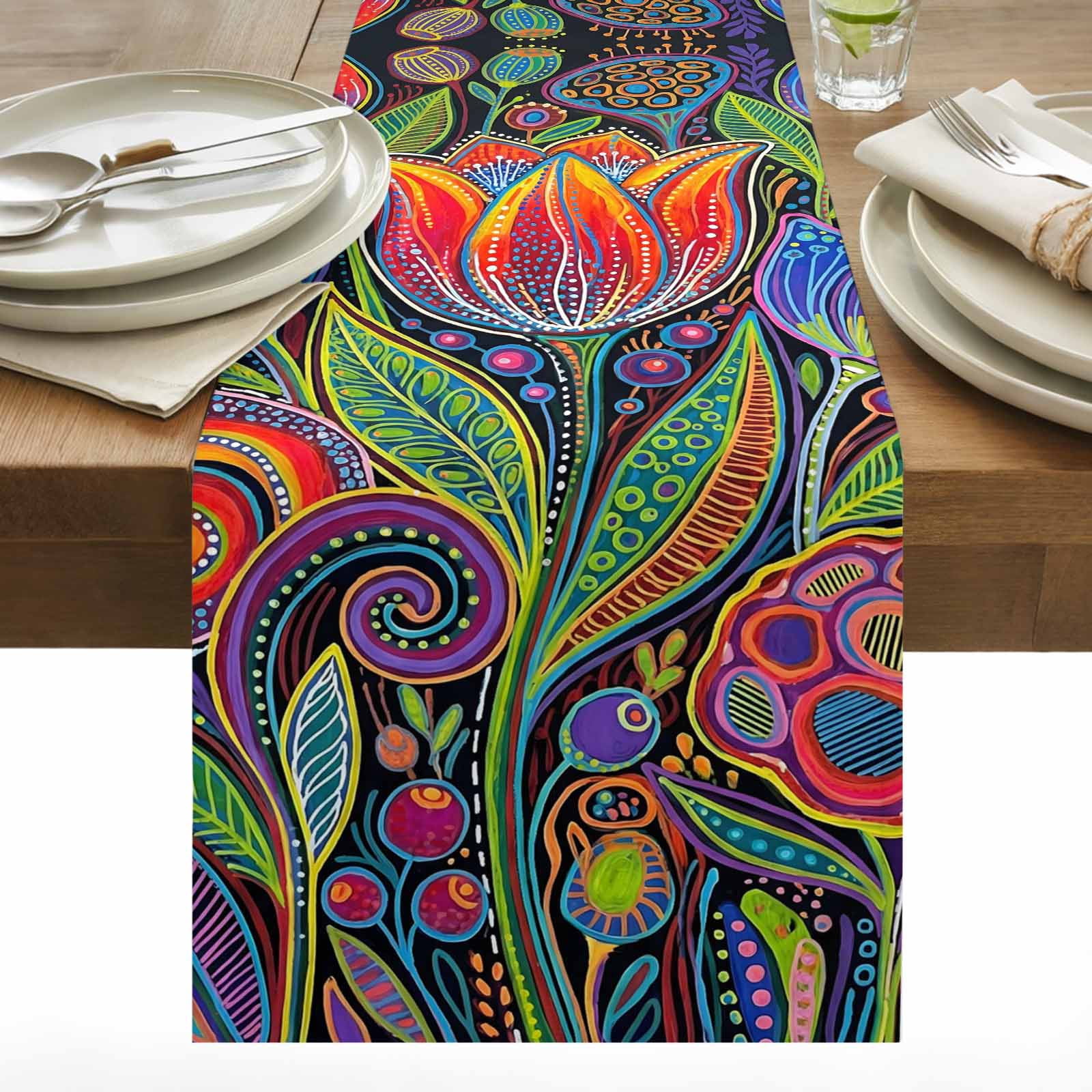 Spring Flowers Cotton Linen Table Runner Abstract Orange Blue Purple ...