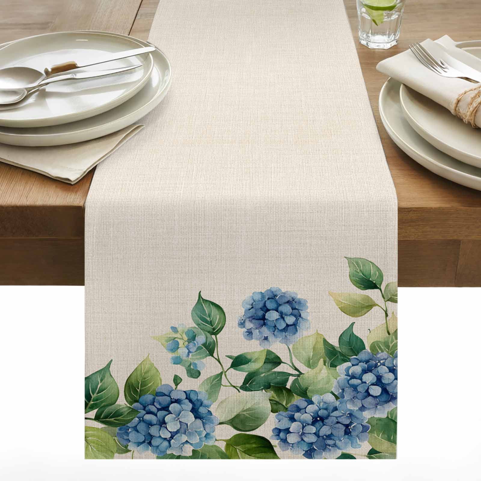 Spring Flowers Cotton Linen Table Runner Blue Hydrangea Dining Table ...