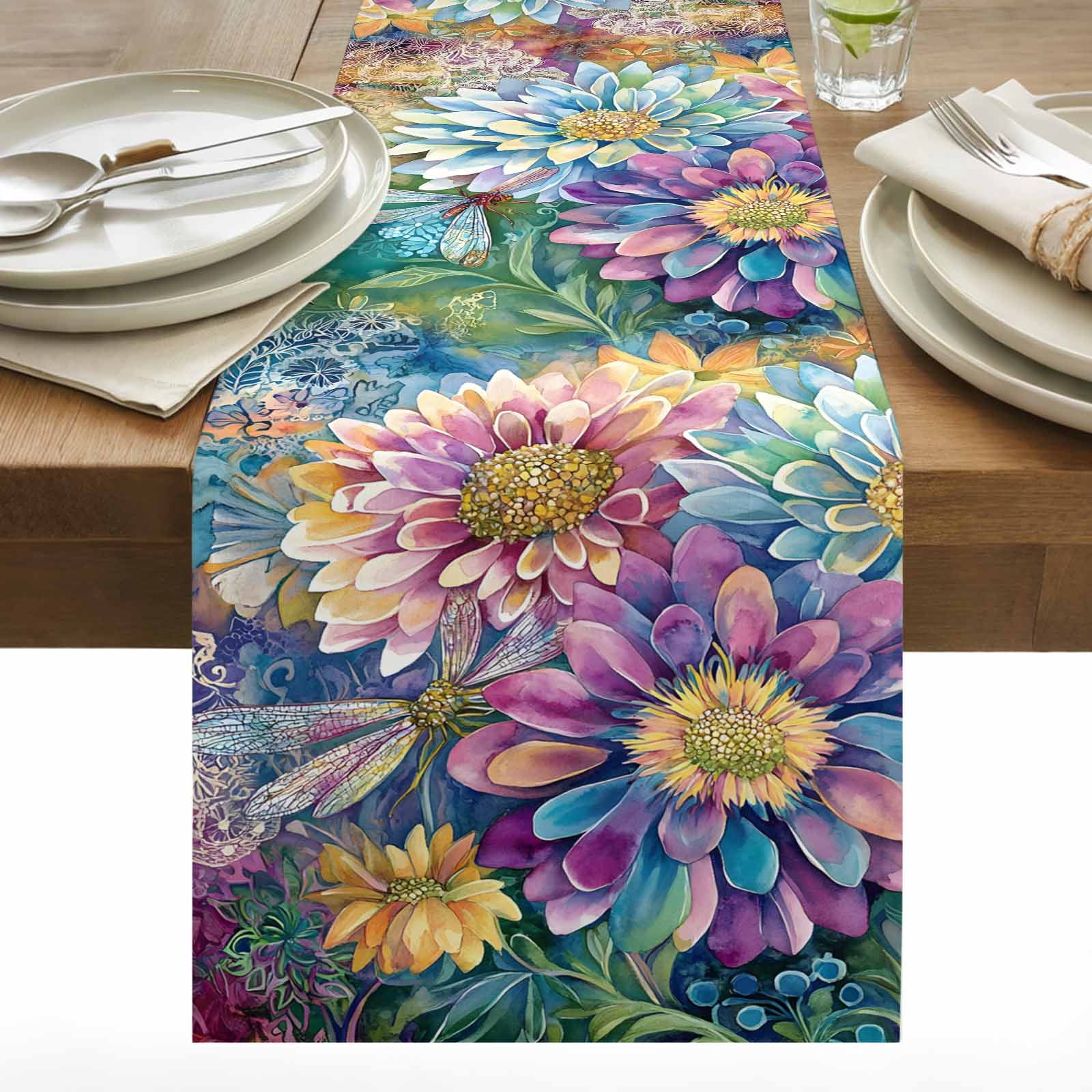 Spring Flowers Cotton Linen Table Runner Bright Watercolor Pink Blue ...