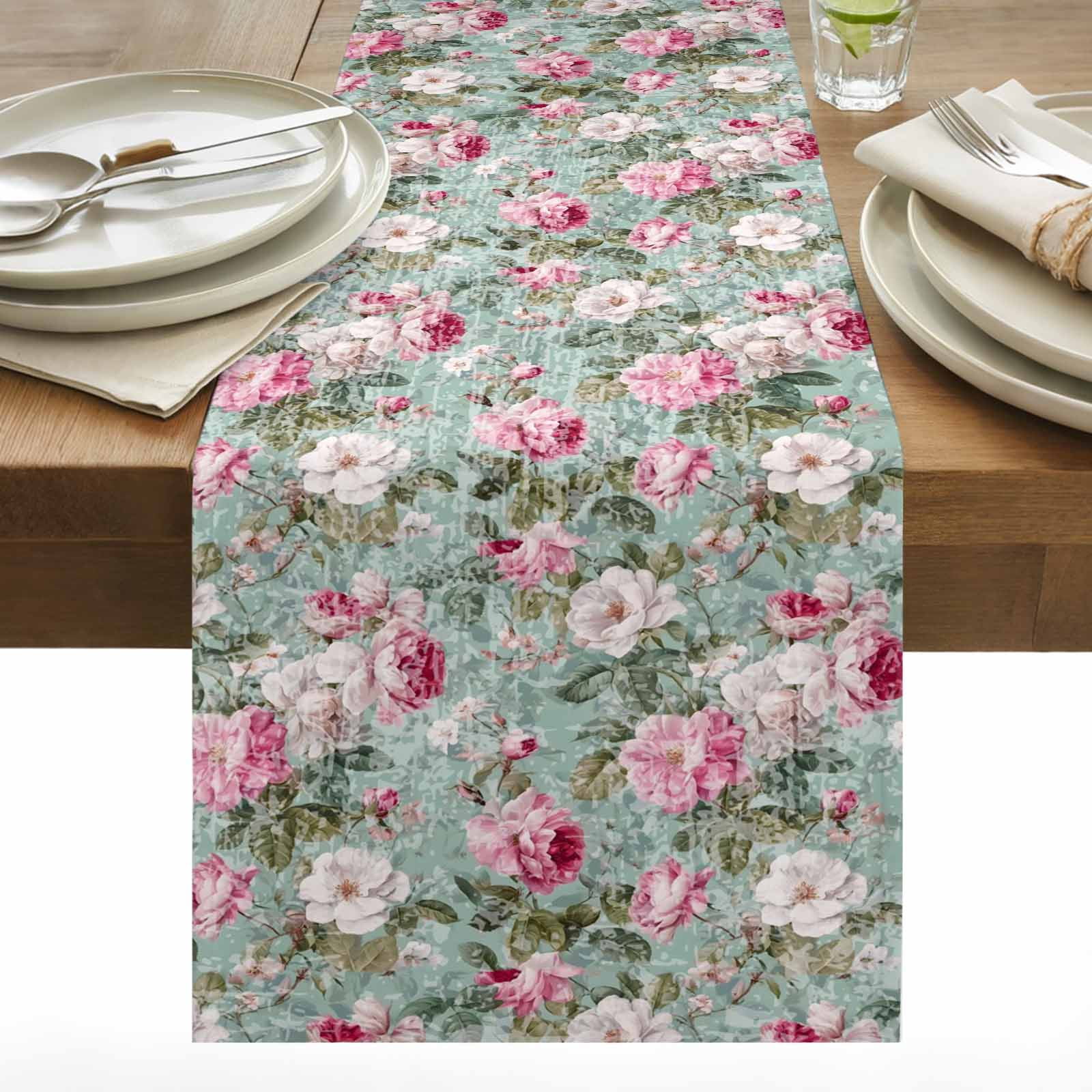 Spring Flowers Cotton Linen Table Runner Country Watercolor Pink White ...