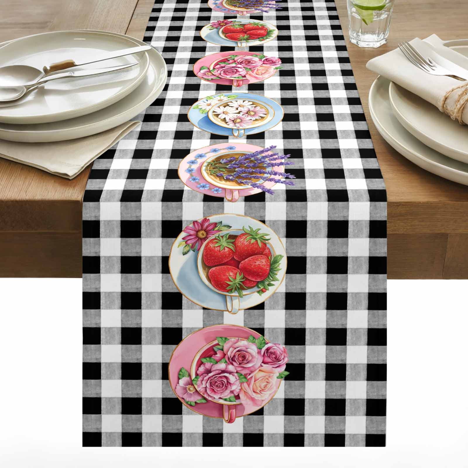 Spring Flowers Cotton Linen Table Runner Daisy Pink Roses Purple ...