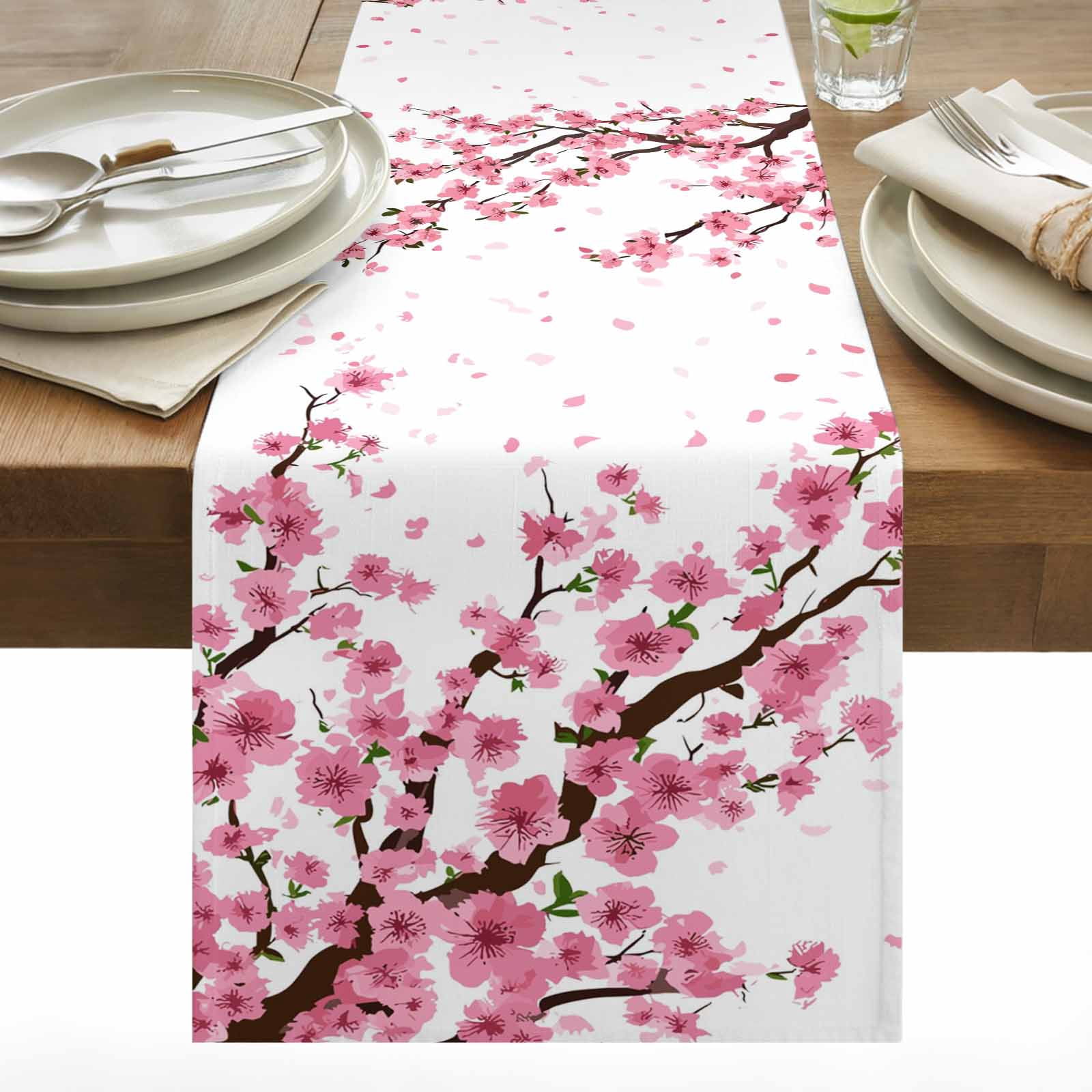 Spring Flowers Cotton Linen Table Runner Pink Floral Petals Peaches ...