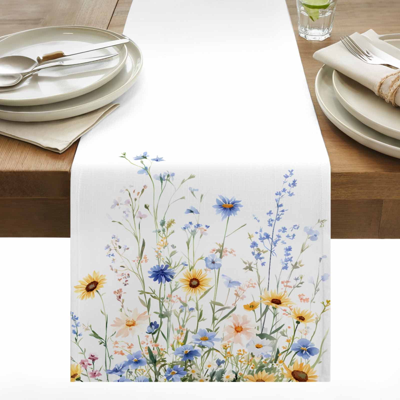 Spring Flowers Cotton Linen Table Runner Plants Dining Table Runners ...