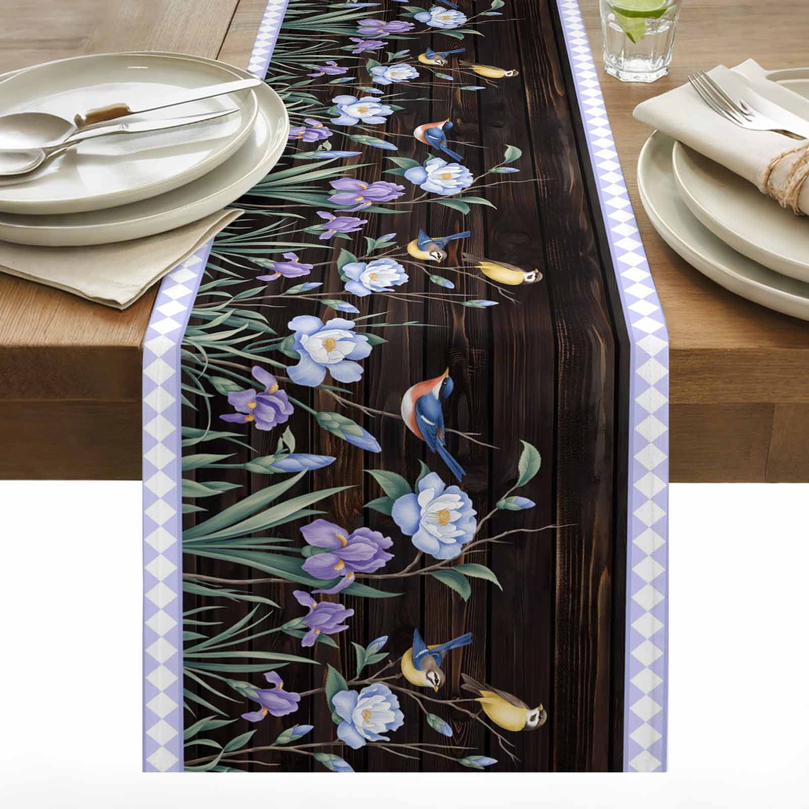 Spring Flowers Cotton Linen Table Runner Purple Blue Floral Bird Brown ...