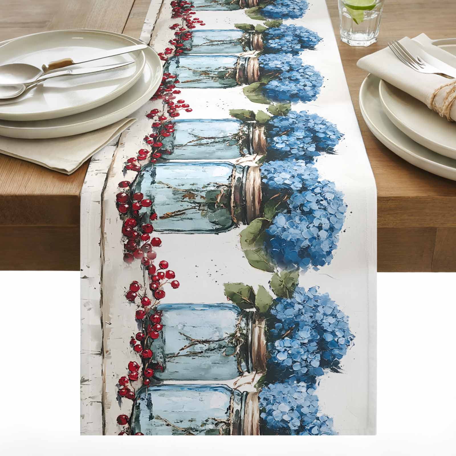 Spring Flowers Cotton Linen Table Runner Retro Blue Hydrangeas in ...
