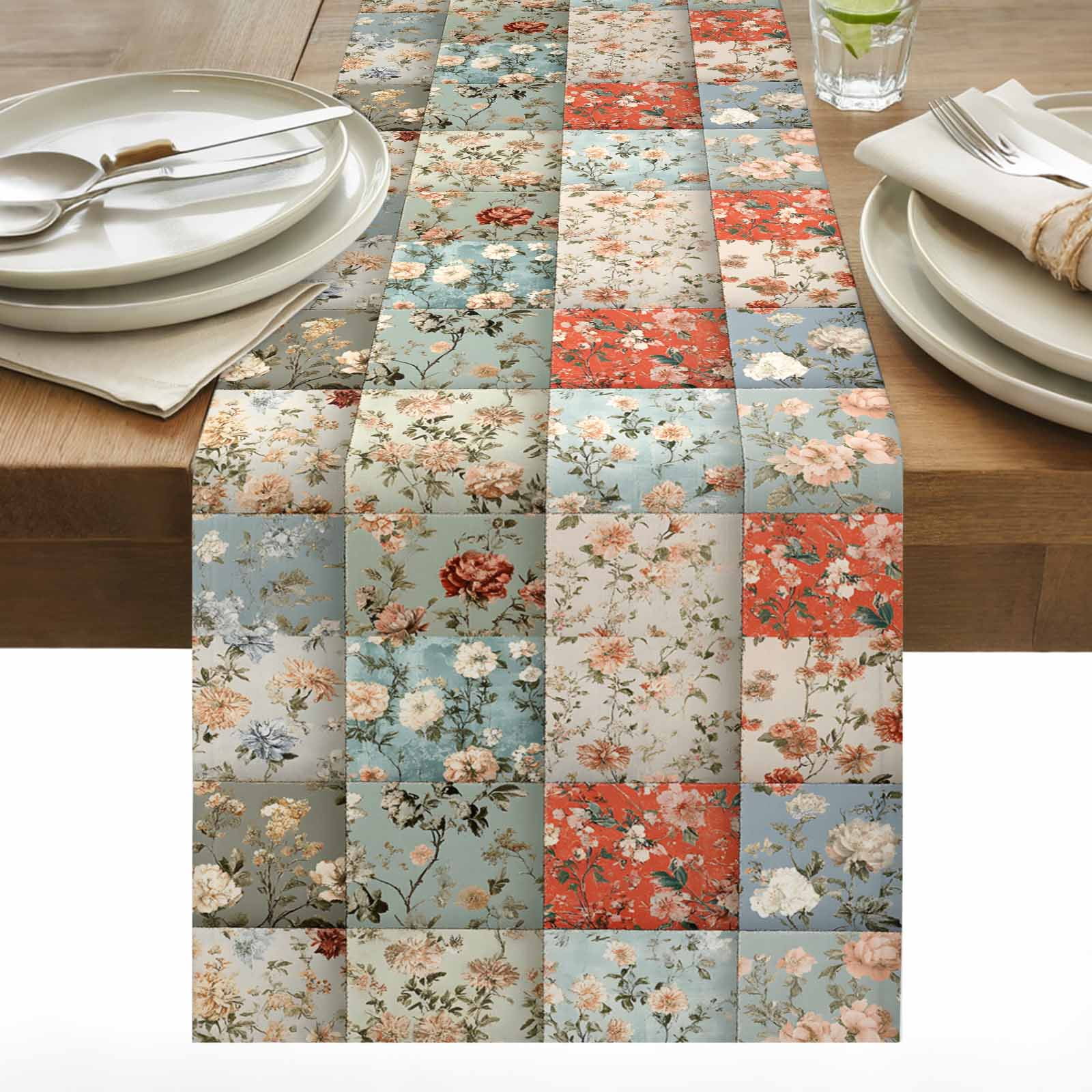 Spring Flowers Cotton Linen Table Runner Retro Floral Pattern Collage ...
