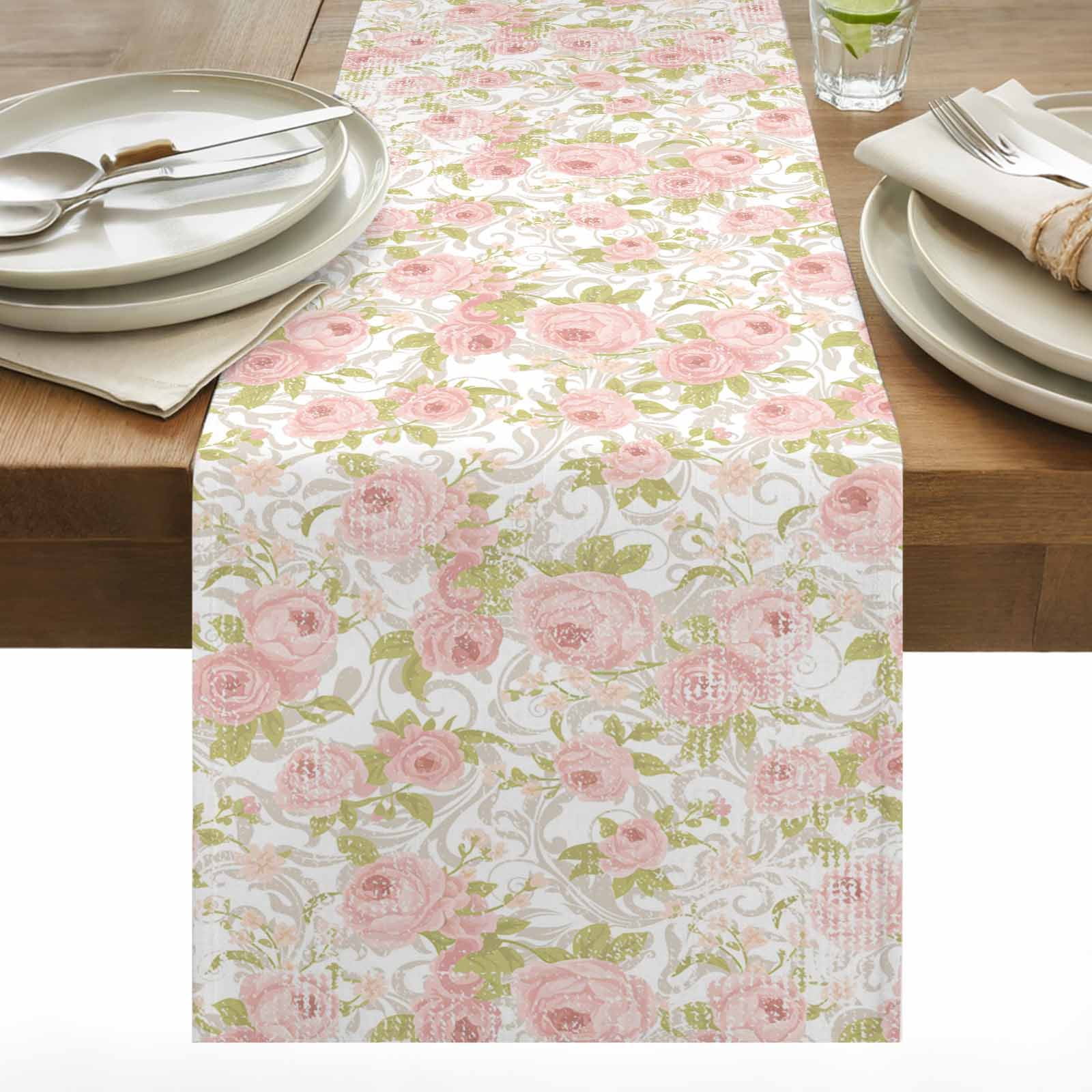 Spring Flowers Cotton Linen Table Runner Retro Pink White Floral ...